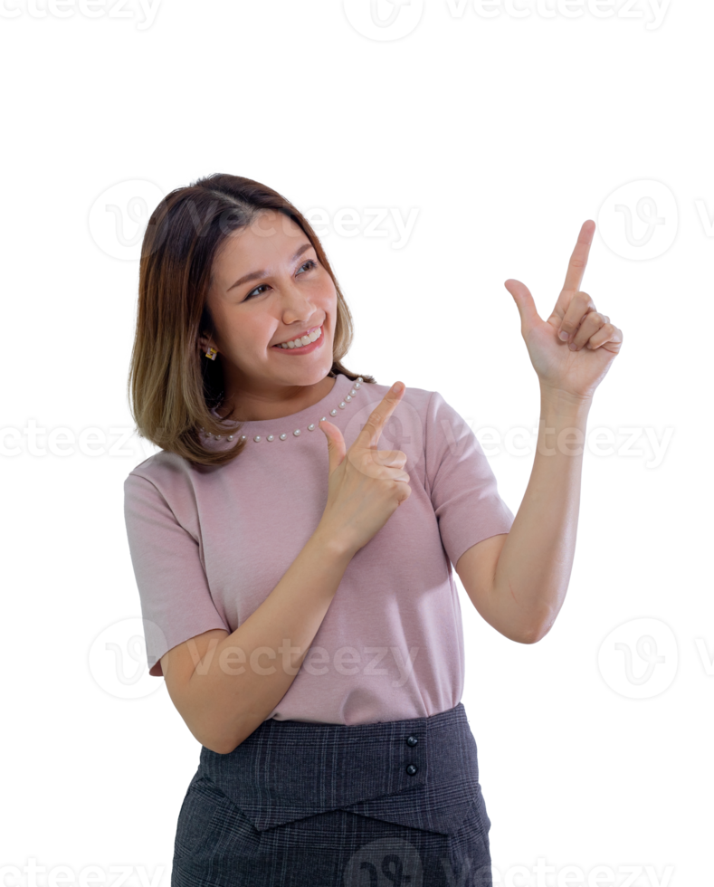 Free Young asian woman pointing fingers on blank space, showing banner ...