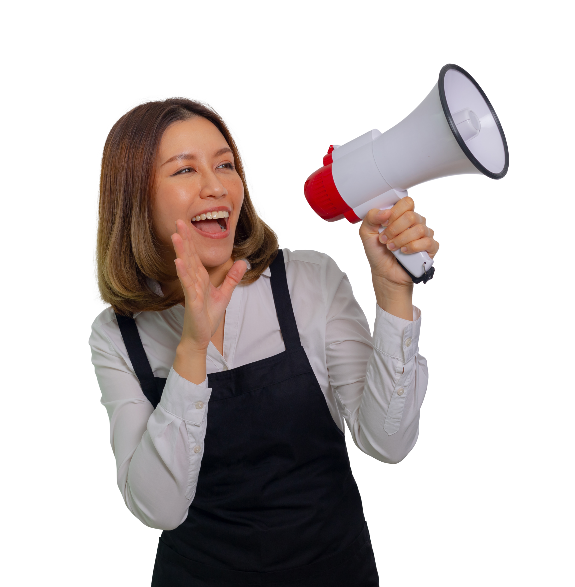 Smile Asian woman wear apron and holding megaphone. 14331933 PNG Smile Asian woman wear apron and holding megaphone. 14331933 PNG