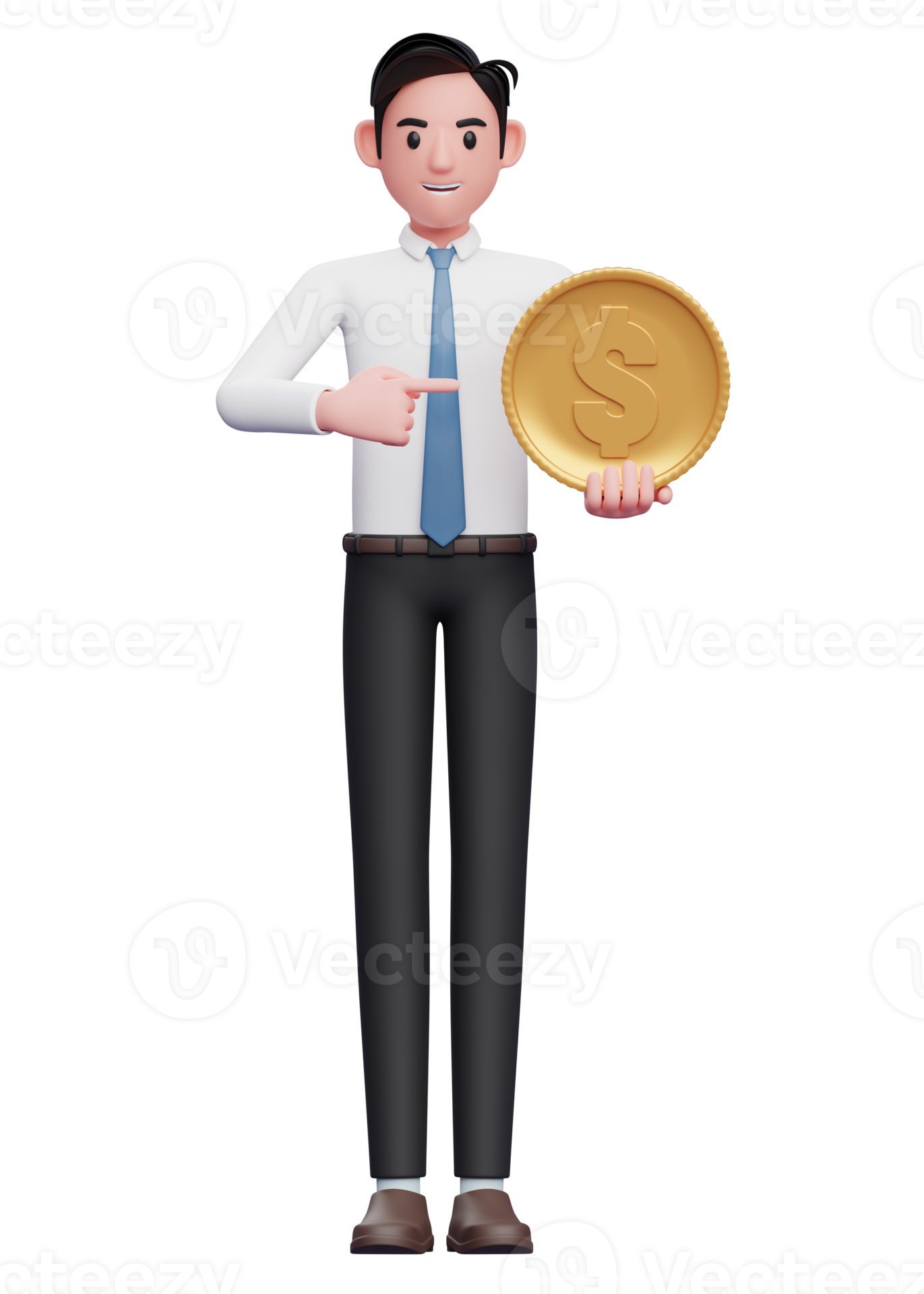 Businessman In White Shirt Blue Tie Pointing Coin 3d Illustration Of A Businessman In White