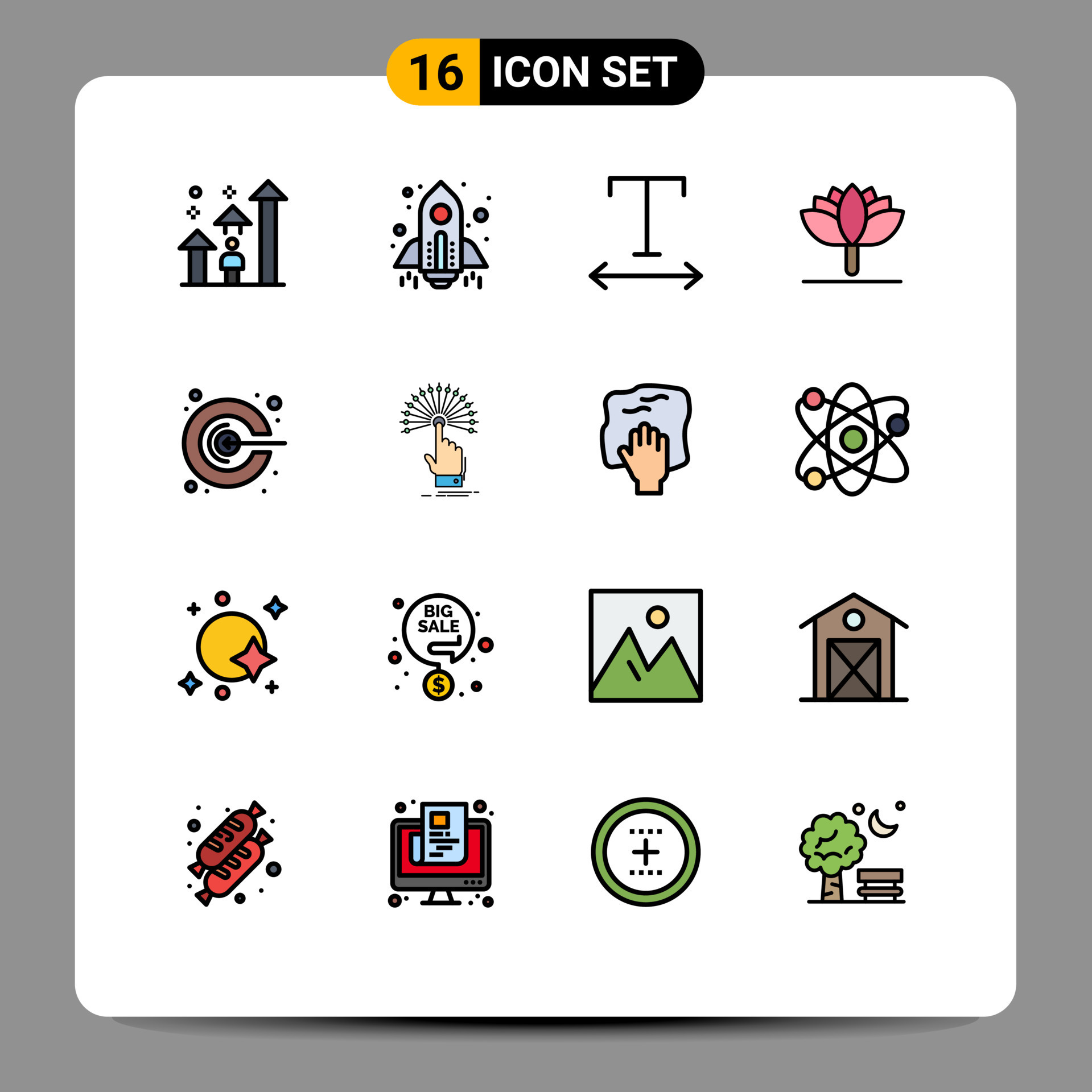 User Interface Pack Of 16 Basic Flat Color Filled Lines Of Promotion Marketing Launch Idea