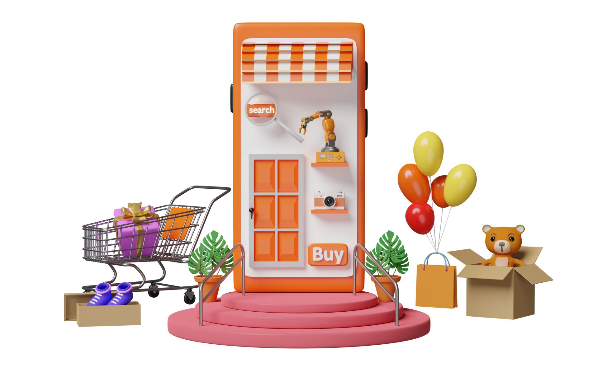 Stage Podium With Orange Mobile Phone Or Smartphone Store Front Balloon Cart Shoe Goods