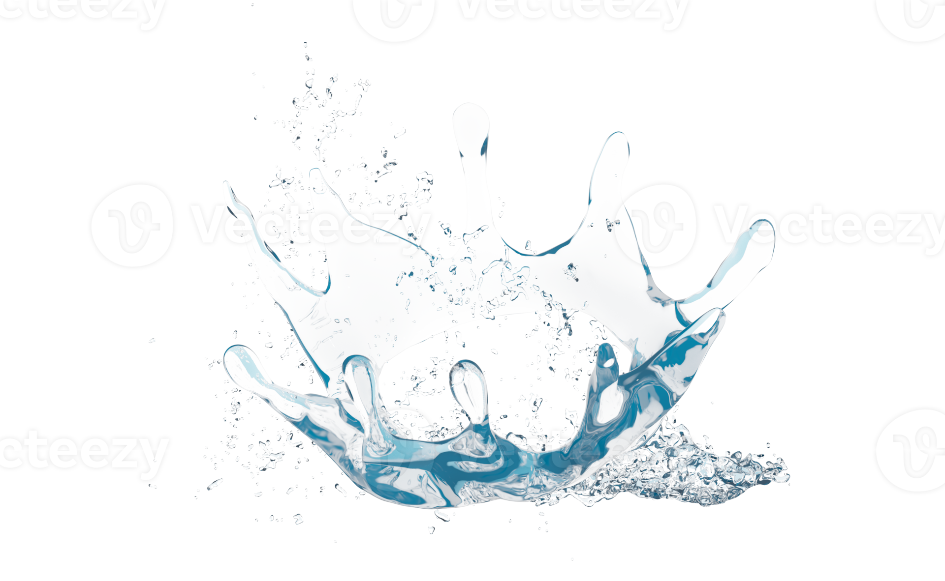 3d water splash transparent, clear blue water scattered around isolated. 3d render illustration ...