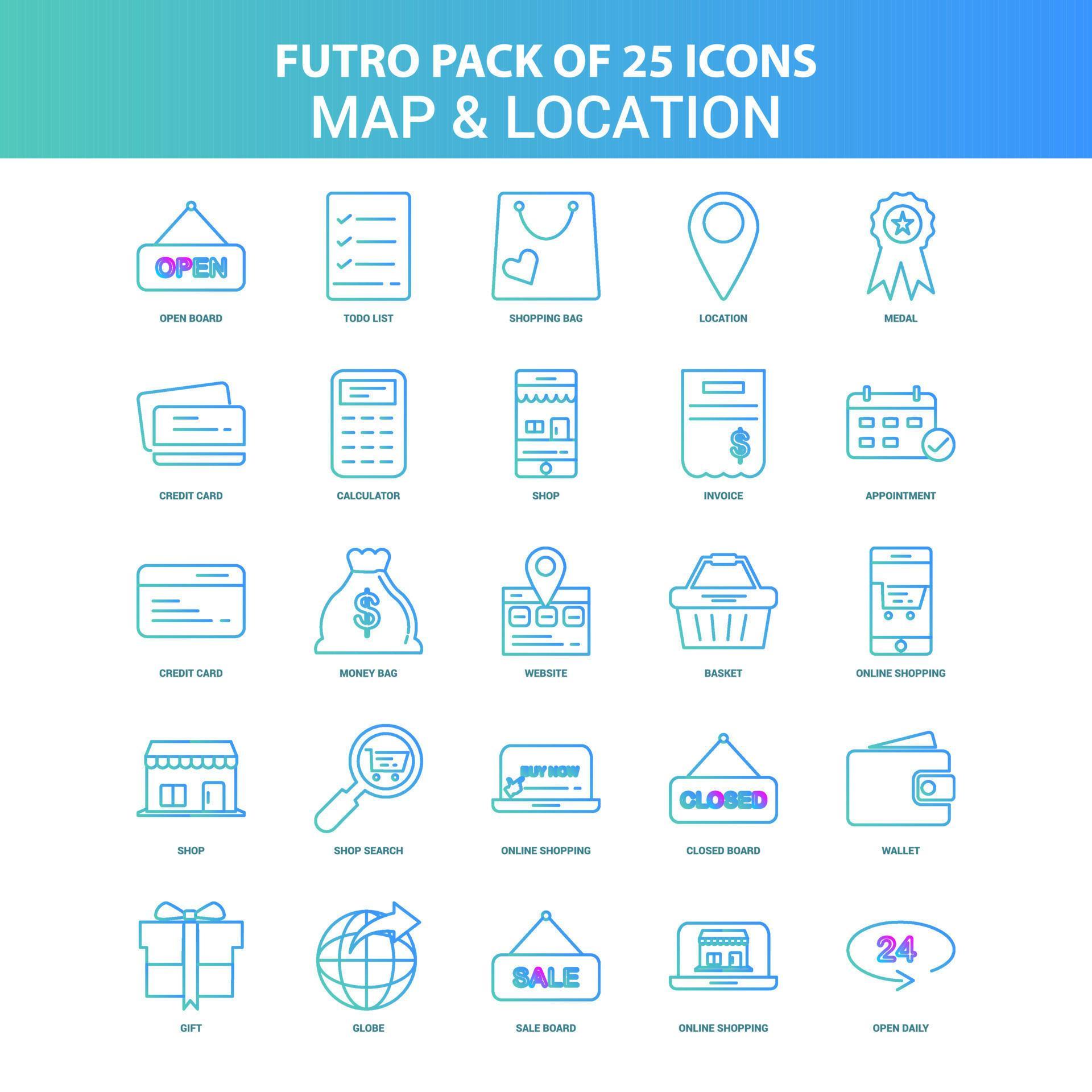 25 Green and Blue Futuro Map and Location Icon Pack 14352441 Vector Art ...
