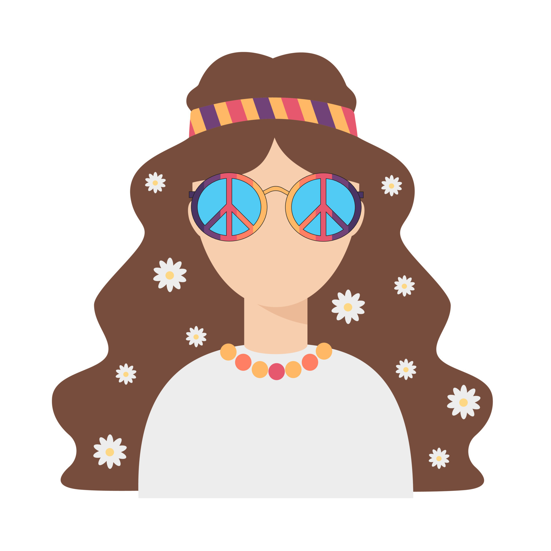 Hippie Girl In Peace Sunglasses With Daisies In Loose Hair 14373174 Vector Art At Vecteezy