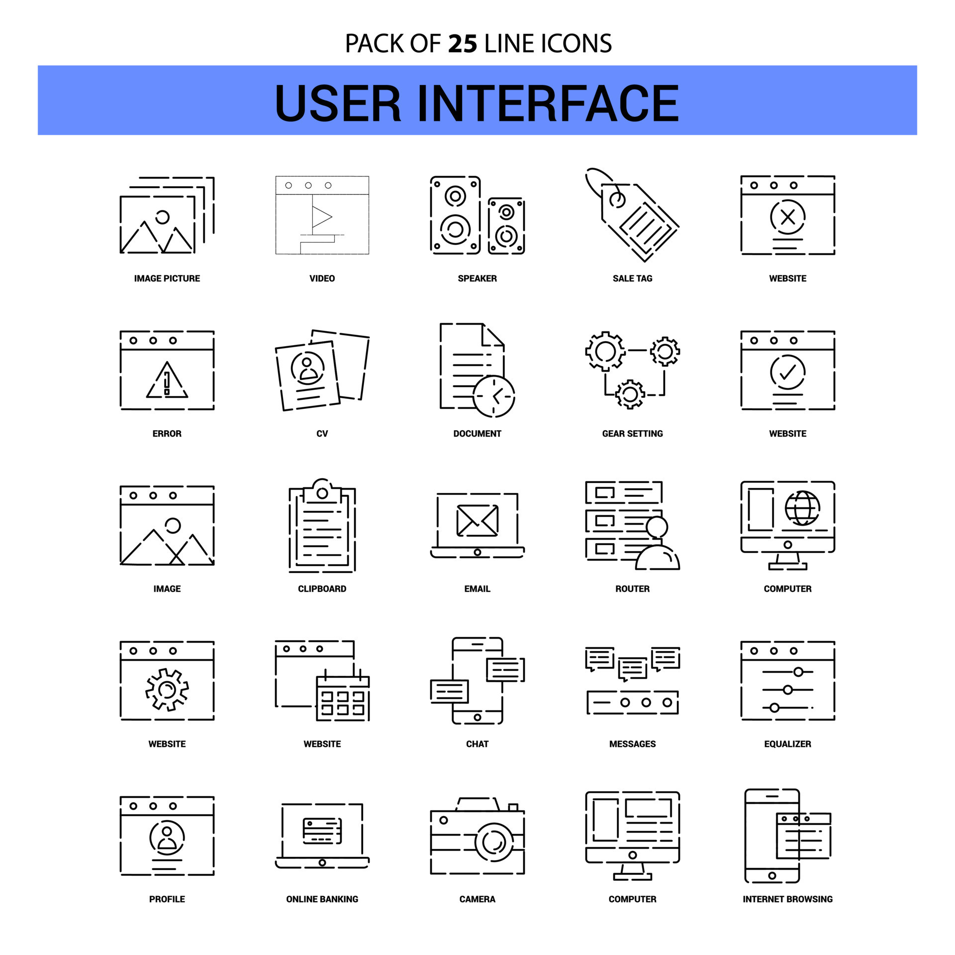 User Interface Line Icon Set 25 Dashed Outline Style 14373954 Vector ...
