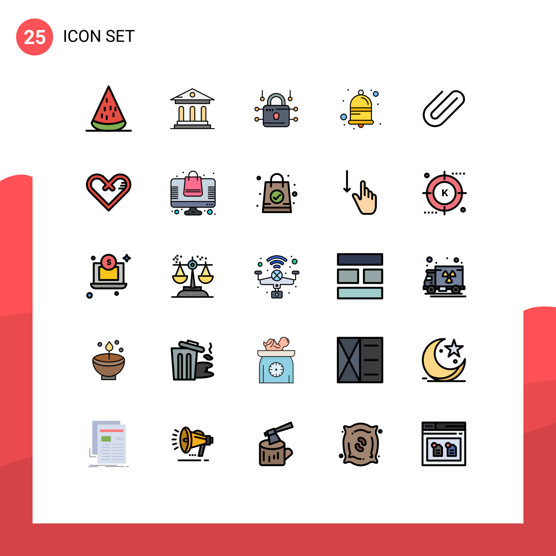 Set Of 25 Modern Ui Icons Symbols Signs For Attachment Notify Court Notification Secure Editable