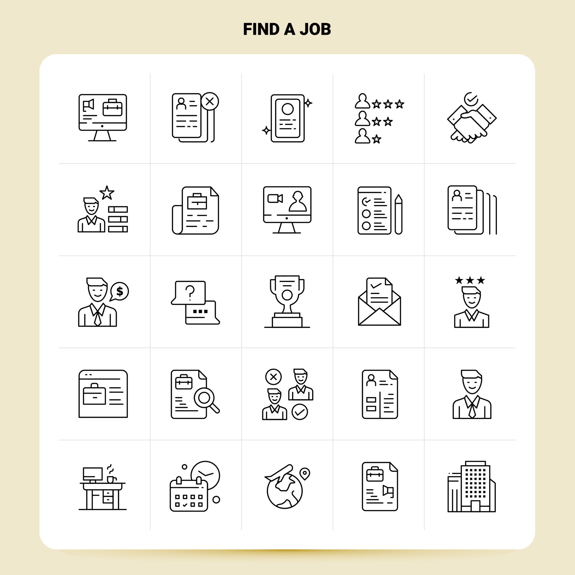 Outline 25 Find A Job Icon Set Vector Line Style Design Black Icons Set