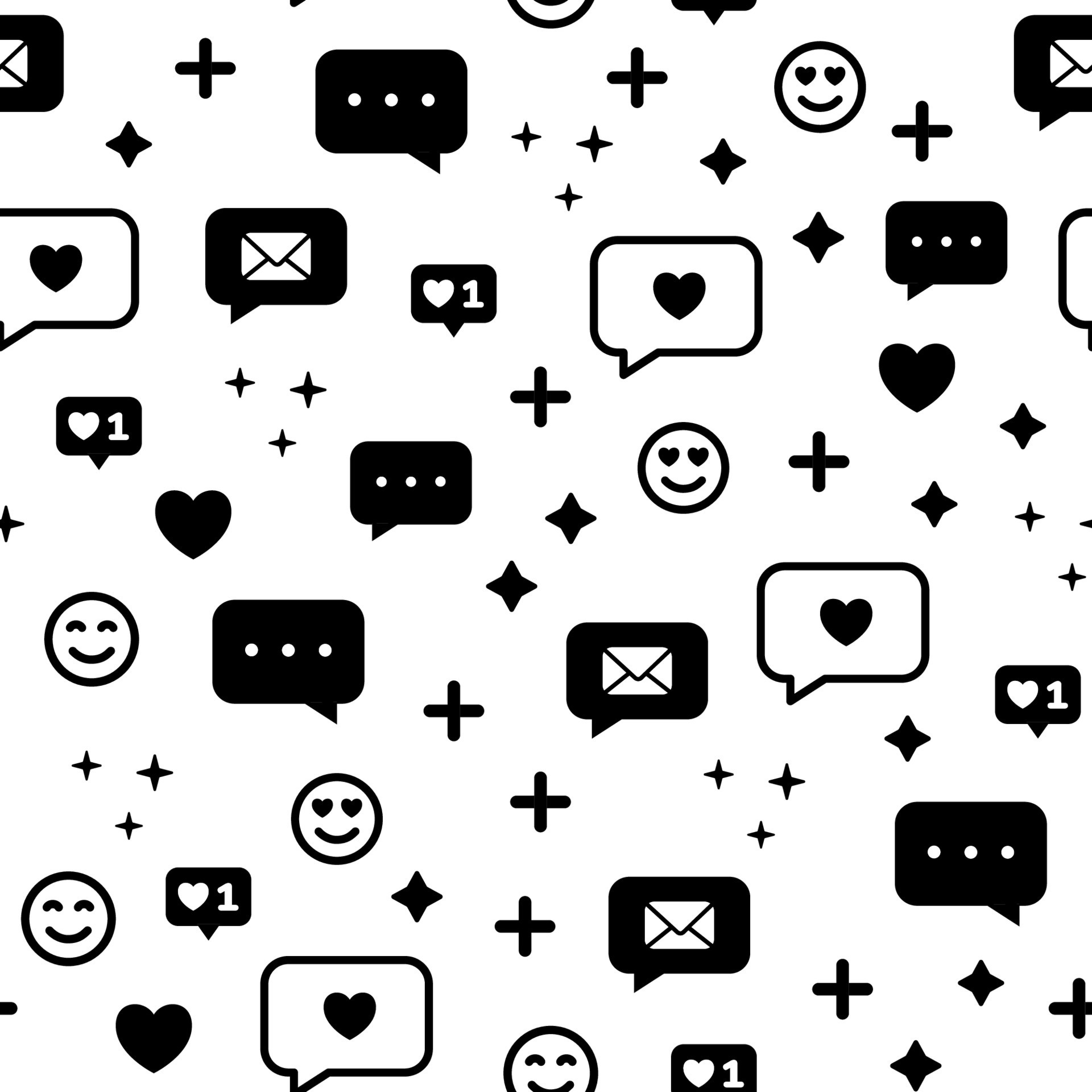 Seamless pattern with emoji, smiles, messages, social media elements ...