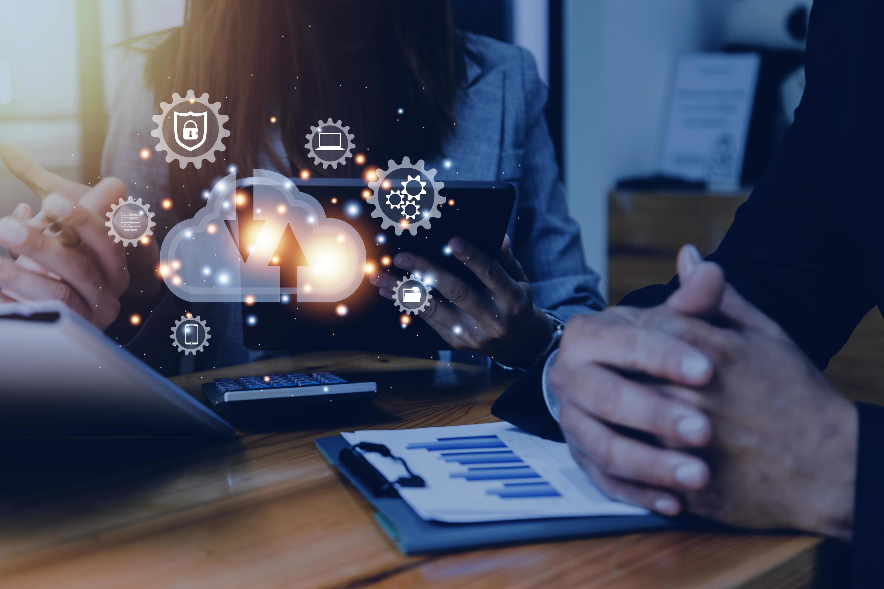 man use Laptop with cloud computing diagram show on hand. Cloud ...