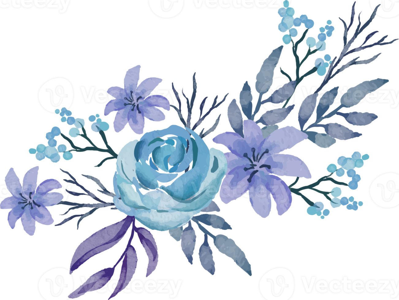 hermoso arreglo de flores moradas y azules y hojas ilustración acuarela ... hermoso arreglo de flores moradas y azules y hojas ilustración acuarela ...