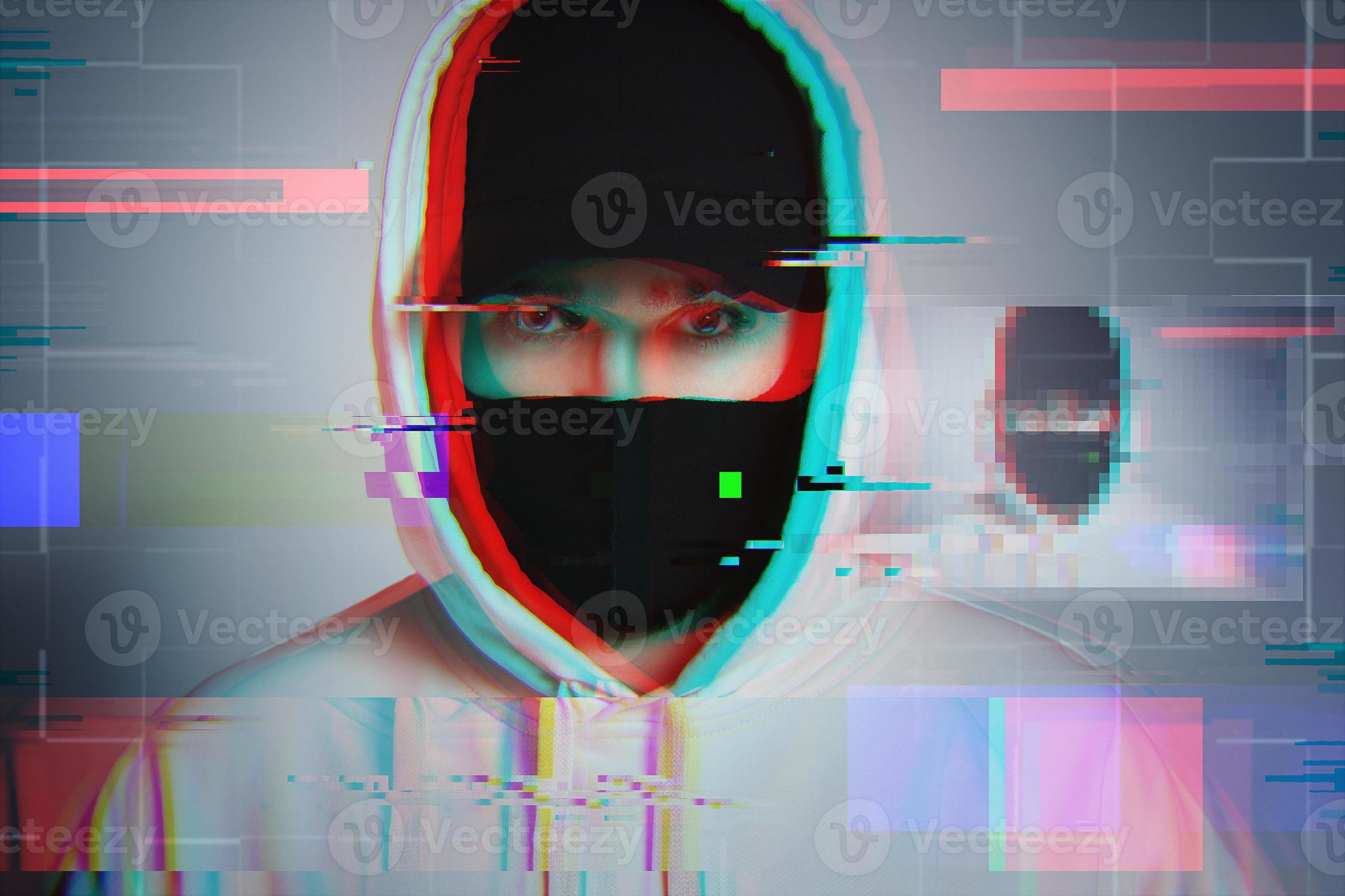 Creative image with anonymous hacker with glitch and interference ...