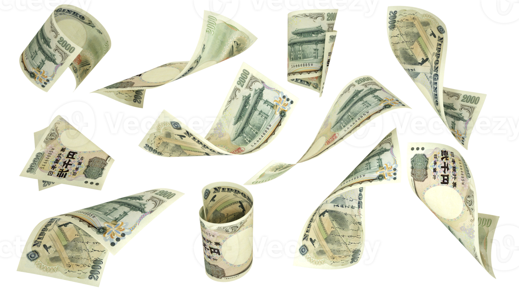 3d Rendering Of 10000 Japanese Yen Notes Flying In Different Angles And Orientations Isolated On