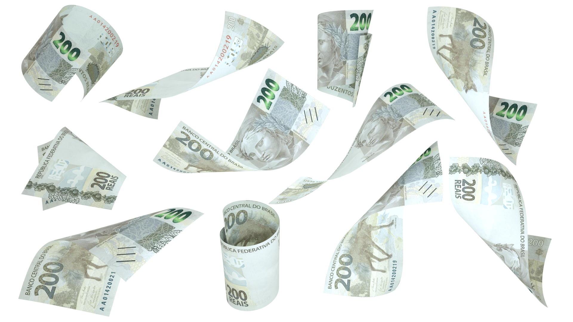 renderização 3D de 200 notas reais brasileiras voando em diferentes ... renderização 3D de 200 notas reais brasileiras voando em diferentes ...