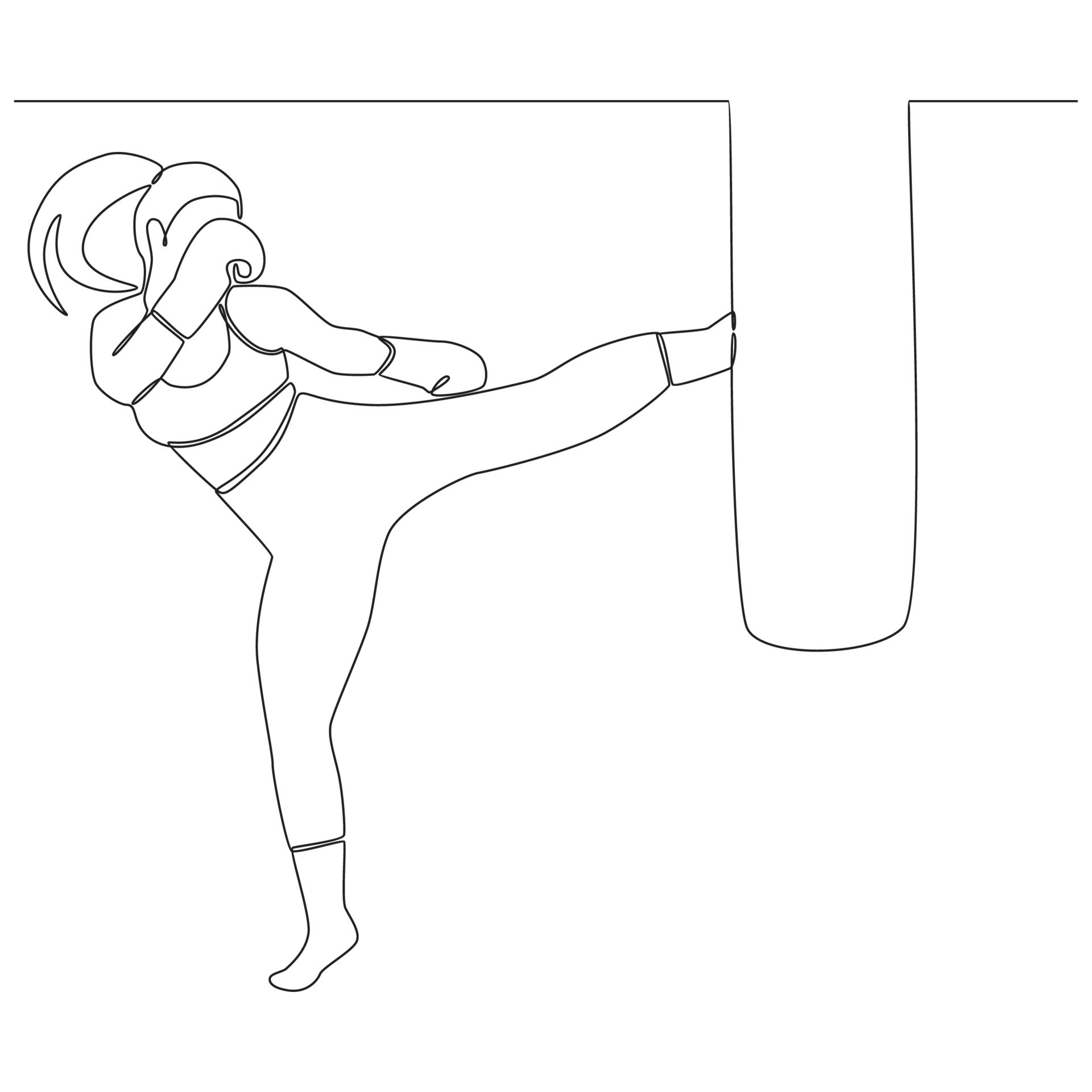 Kickboxing Woman Practicing Continuous Line Drawing Vector Line Art