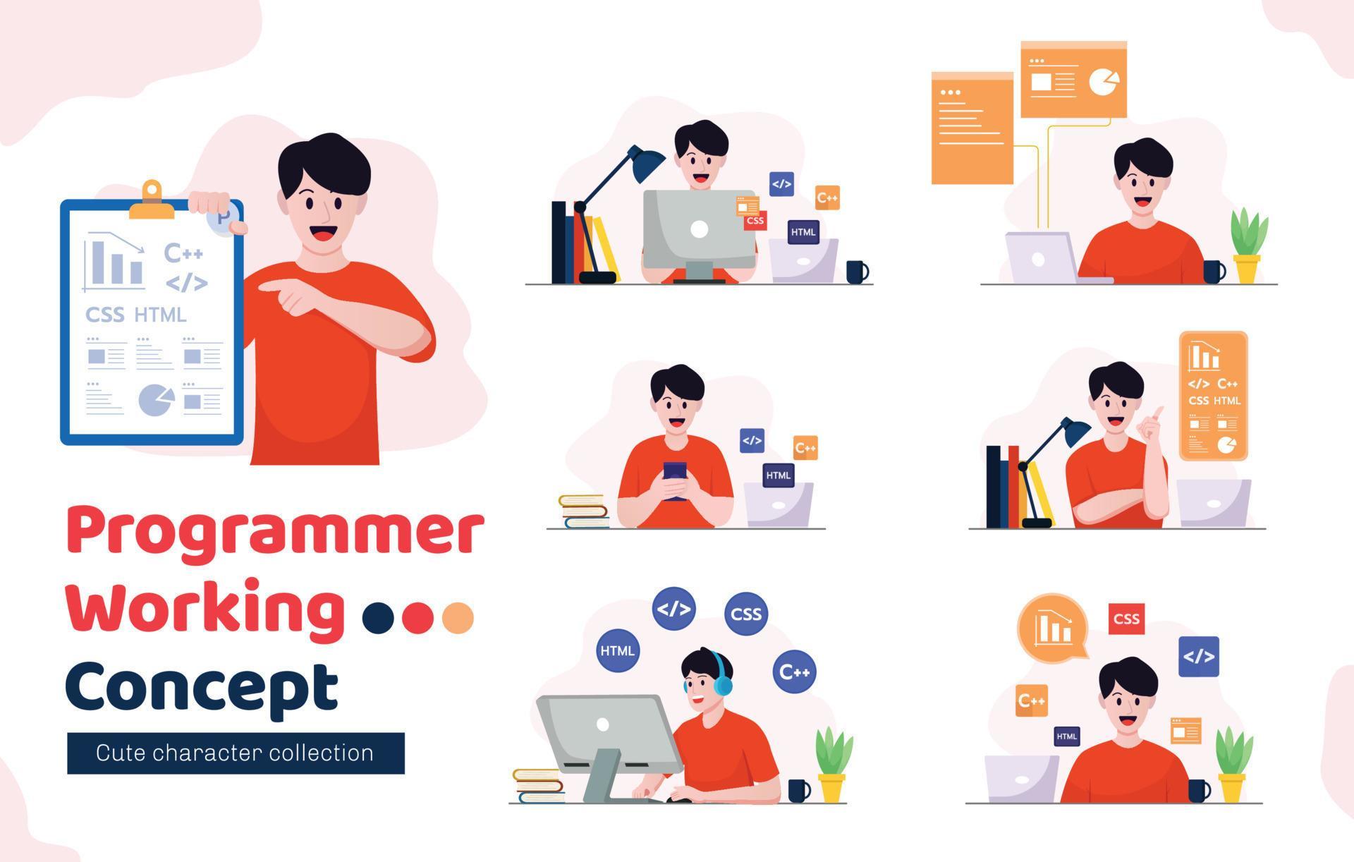 Programmer working concept character set 14399802 Vector Art at Vecteezy