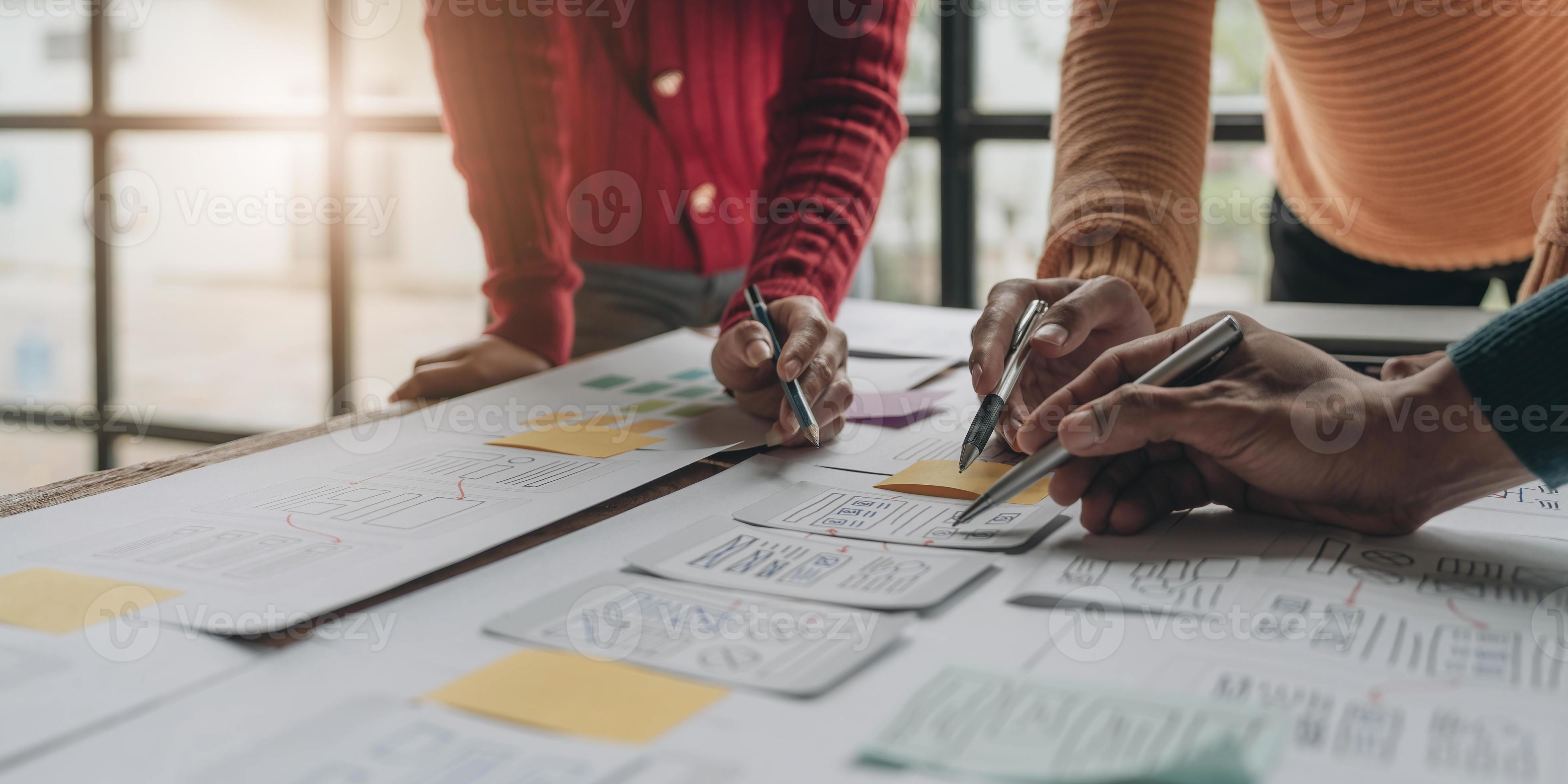 Ui Ux Creative Designer Team Designing Wireframe Layout For Responsive Mobile Smartphone