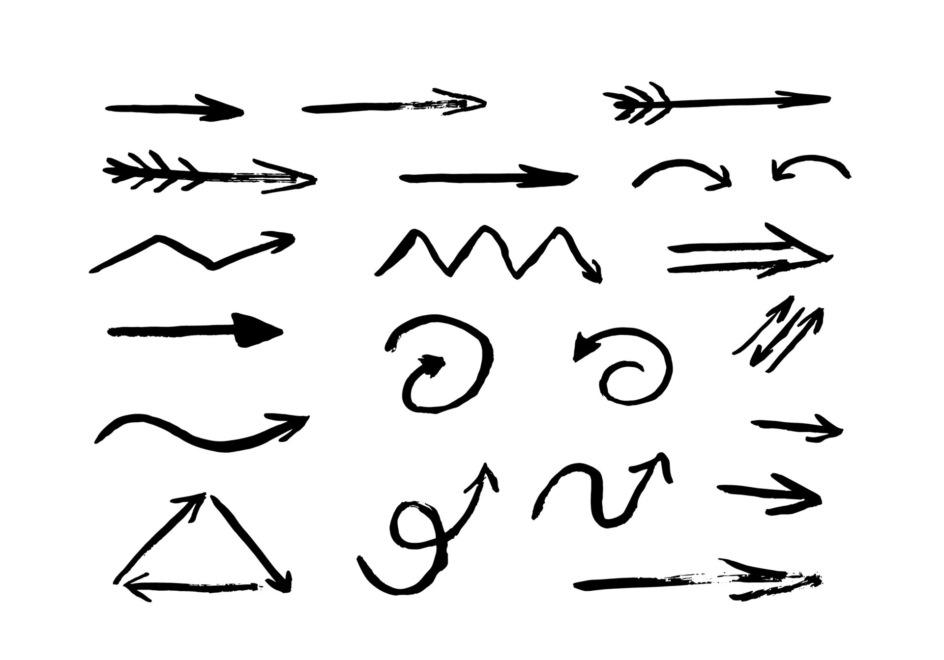 Hand drawn arrows set isolated on white background. Grunge brush stroke arrows. Easy to edit ...