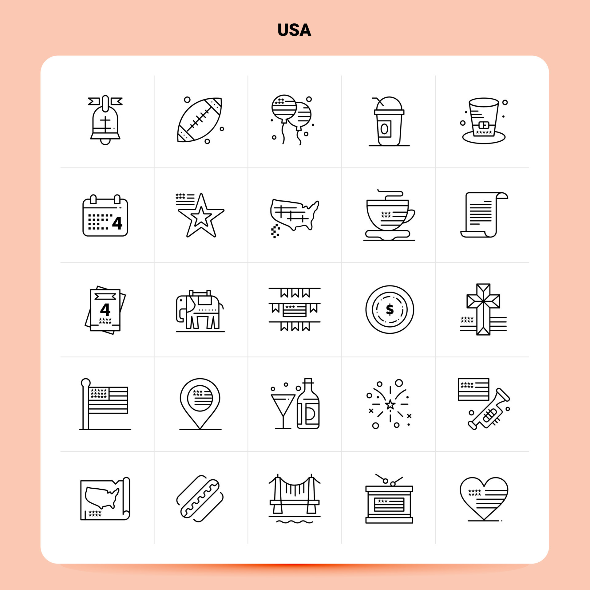 Outline 25 Usa Icon Set Vector Line Style Design Black Icons Set Linear