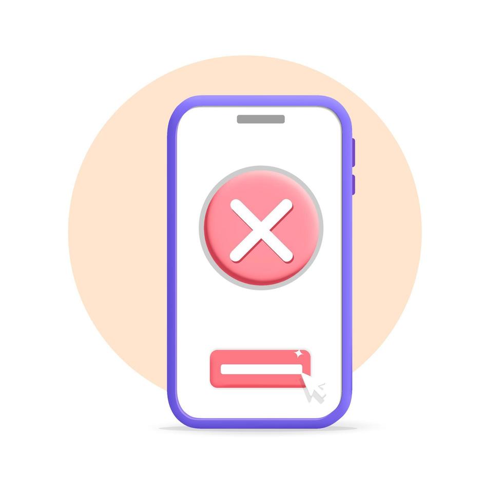3d vector cartoon render smartphone icon with cancel button notification message, close, exit or ...