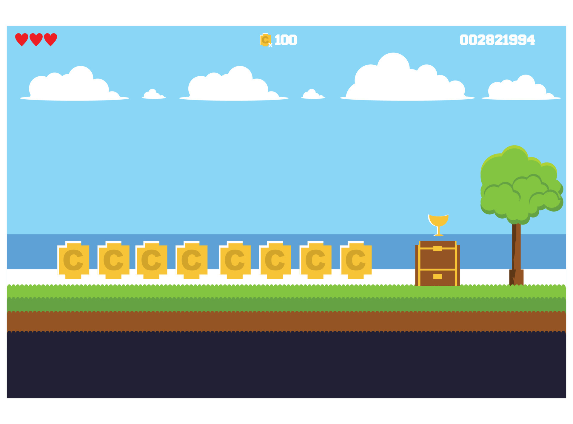 Pixel Art Game Scene With Land Grass Trees Sky Clouds Characters Coins Treasure Chests