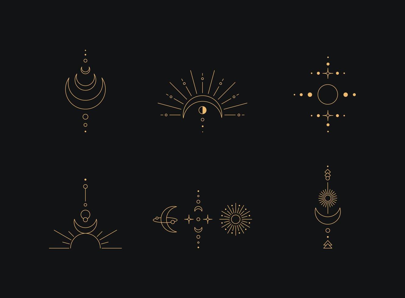 Set Of Moon And Sun Line Art Minimal Boho Linear Symbols Celestial Mystic Element Vector Line