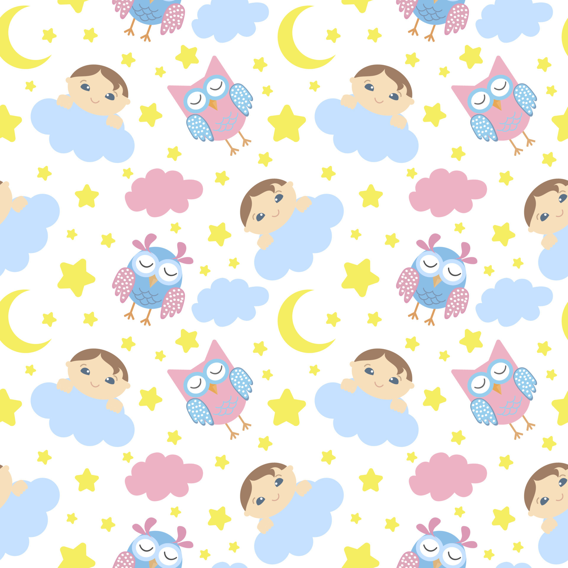 Good Night Seamless Pattern With Cute Sleeping Owls Moon Stars And