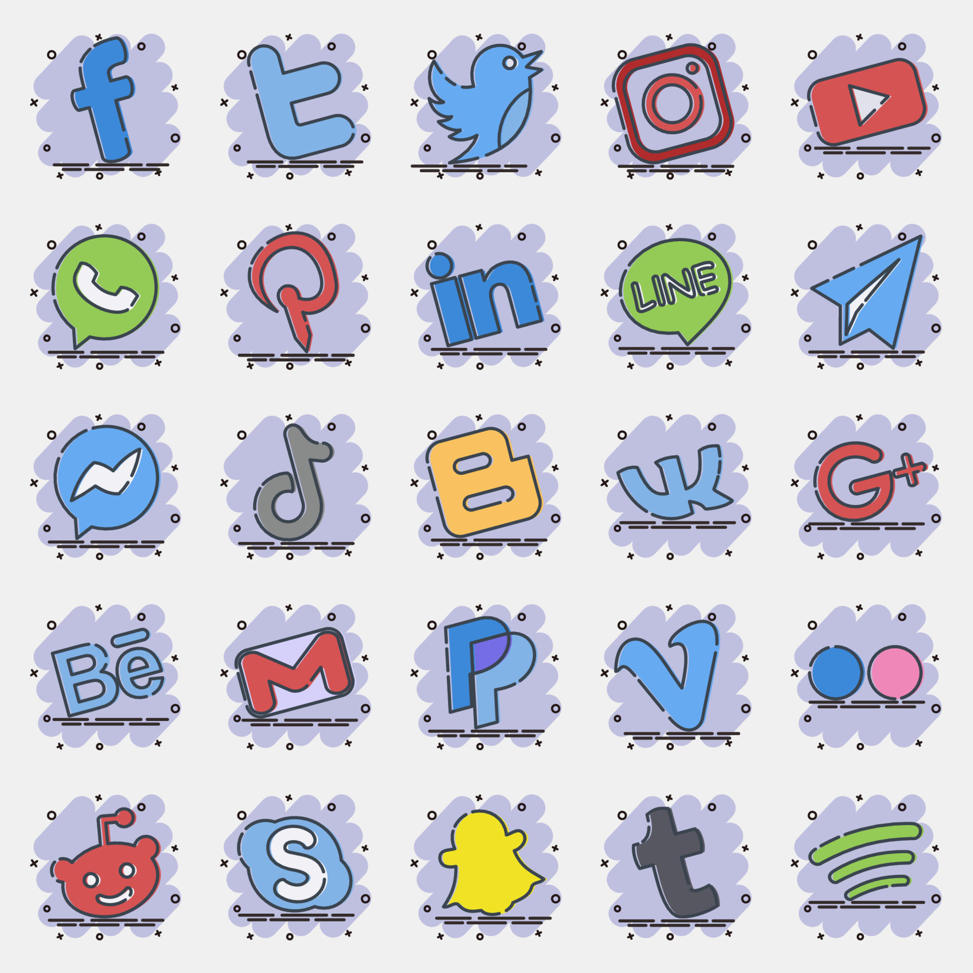 Icon set Social media elements, logos, and symbol. Icons in comic style ...