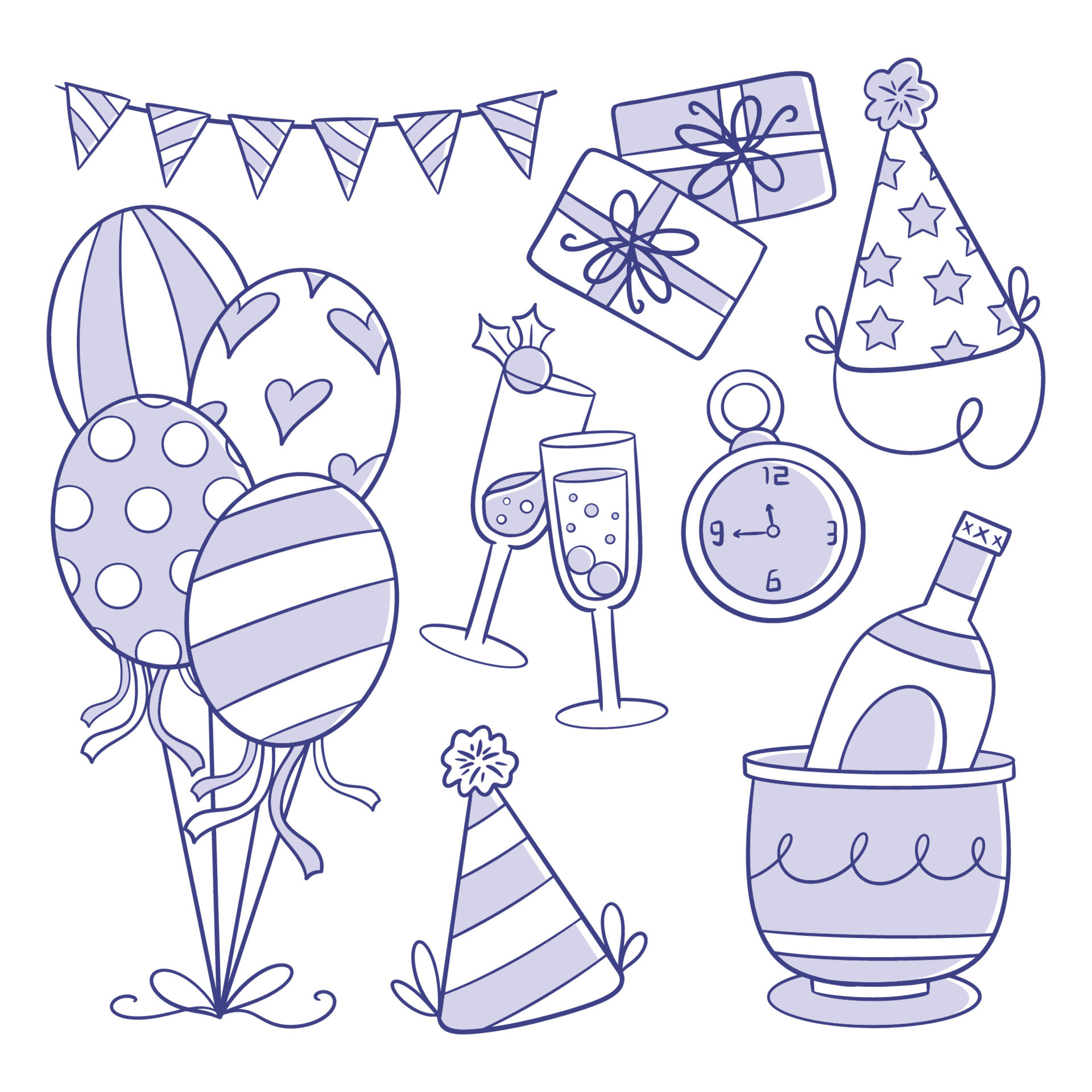 Collection of new year party elements for coloring 14446506 Vector Art ...