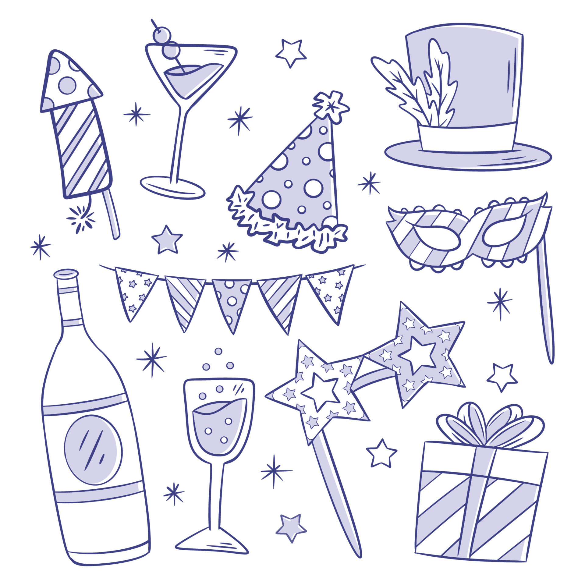 New year party collection of hand drawn elements for coloring 14446507 ...