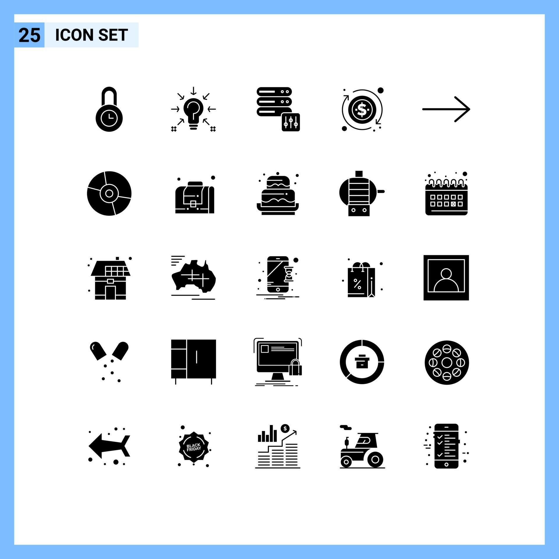 Set of 25 Vector Solid Glyphs on Grid for disc right database arrow ...