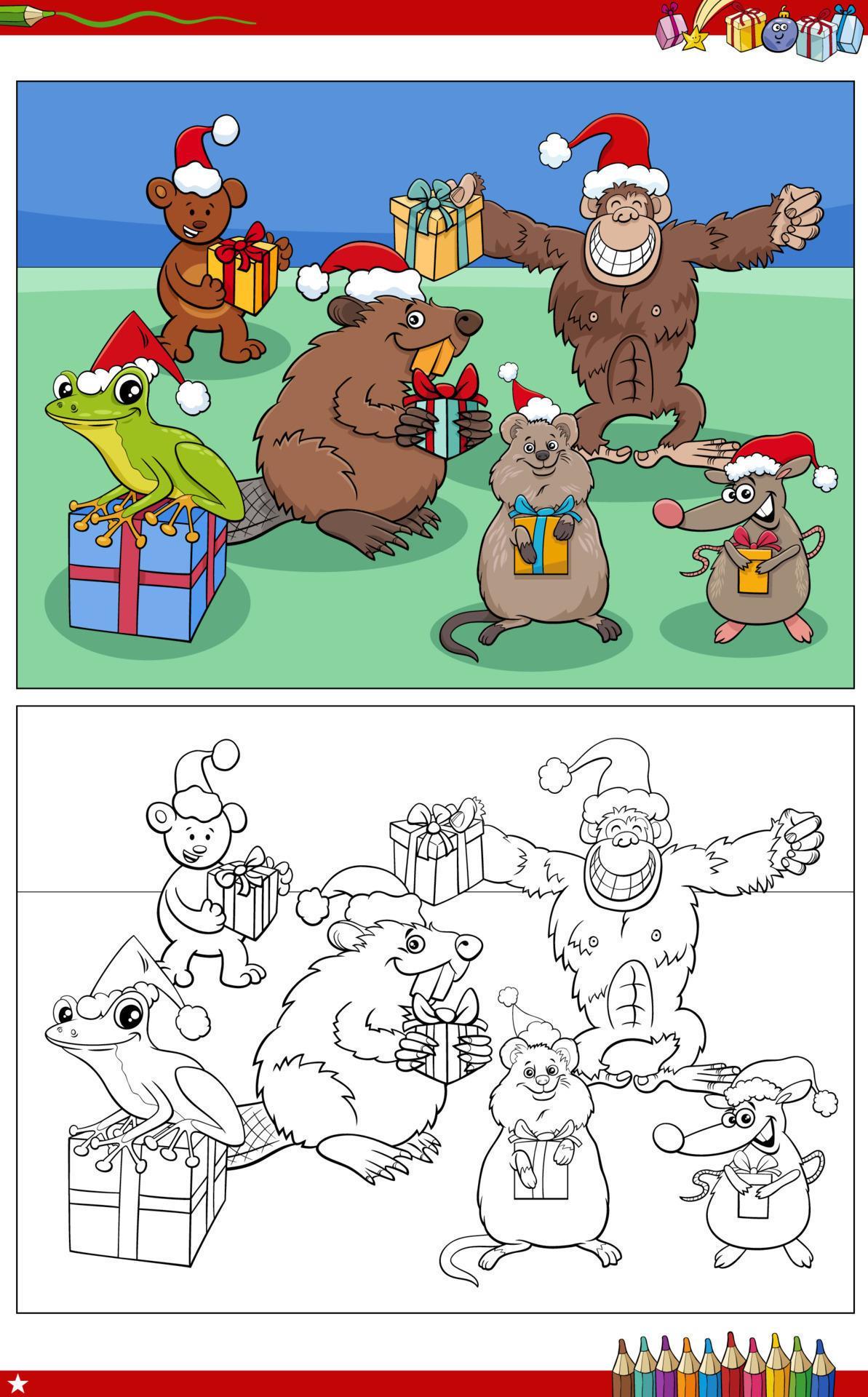 cartoon animal characters on Christmas time coloring page 14459743 ...