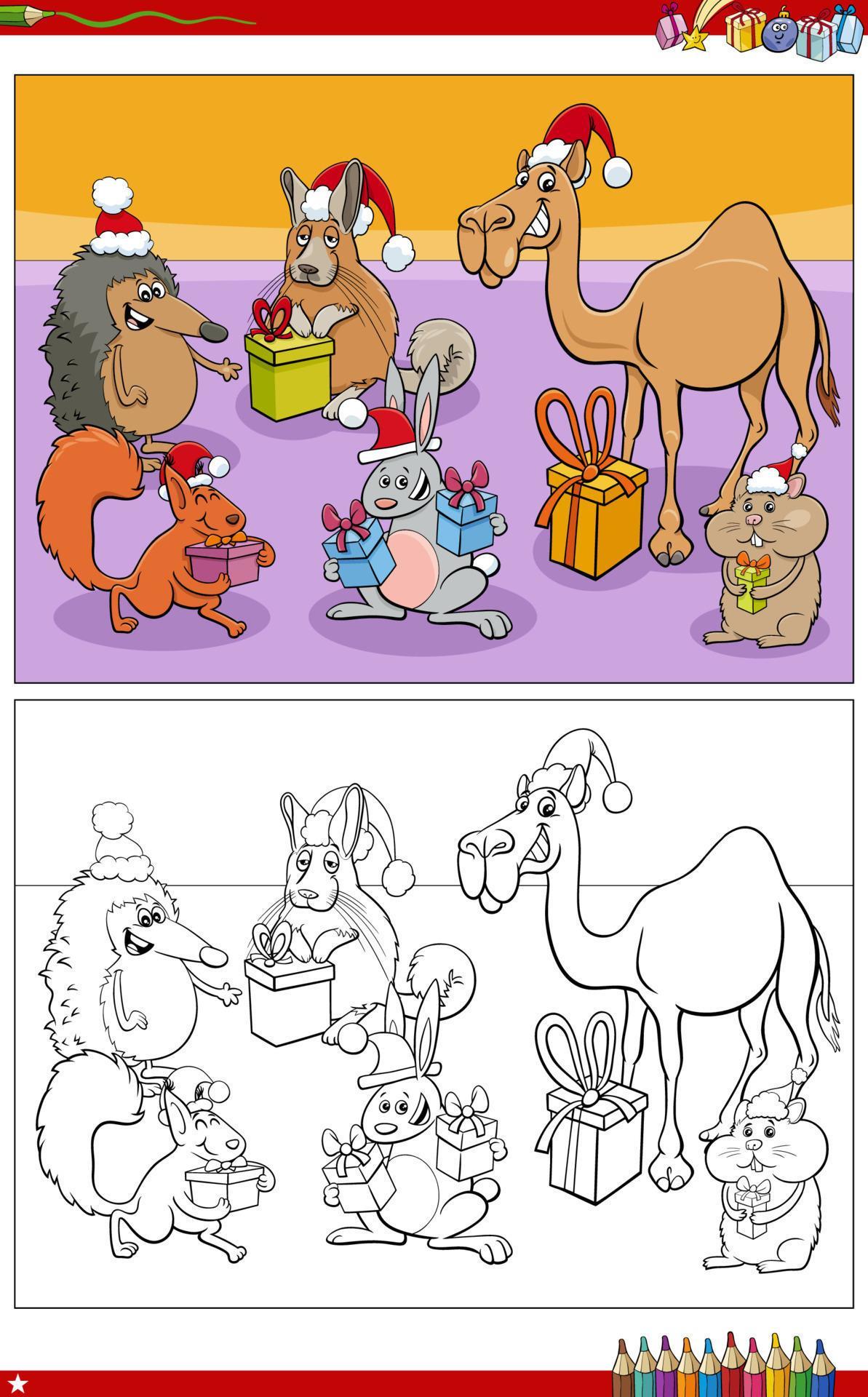cartoon animal characters with Christmas prezents coloring page ...