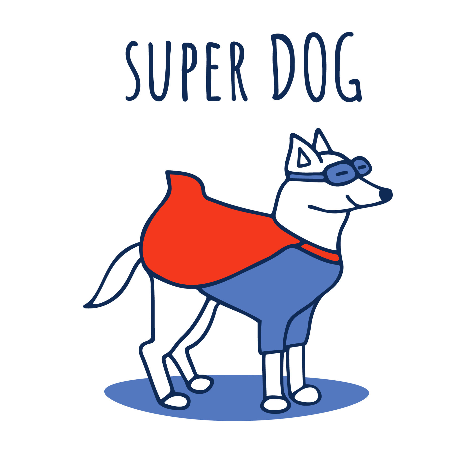 Cute strong dog in superhero clothes blue mask red cape. Super pet funny card. Super dog script ...