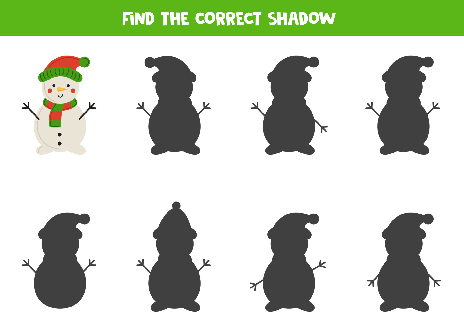 Find the correct shadows of cute snowman. Logical puzzle for kids ...