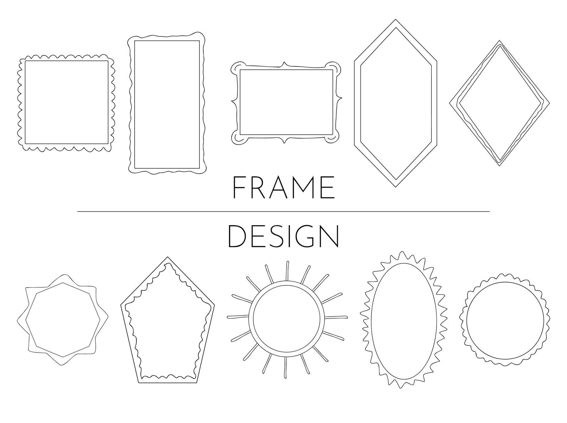 Hand drawn simple frames. Different shapes square, oval, circle, sun ...