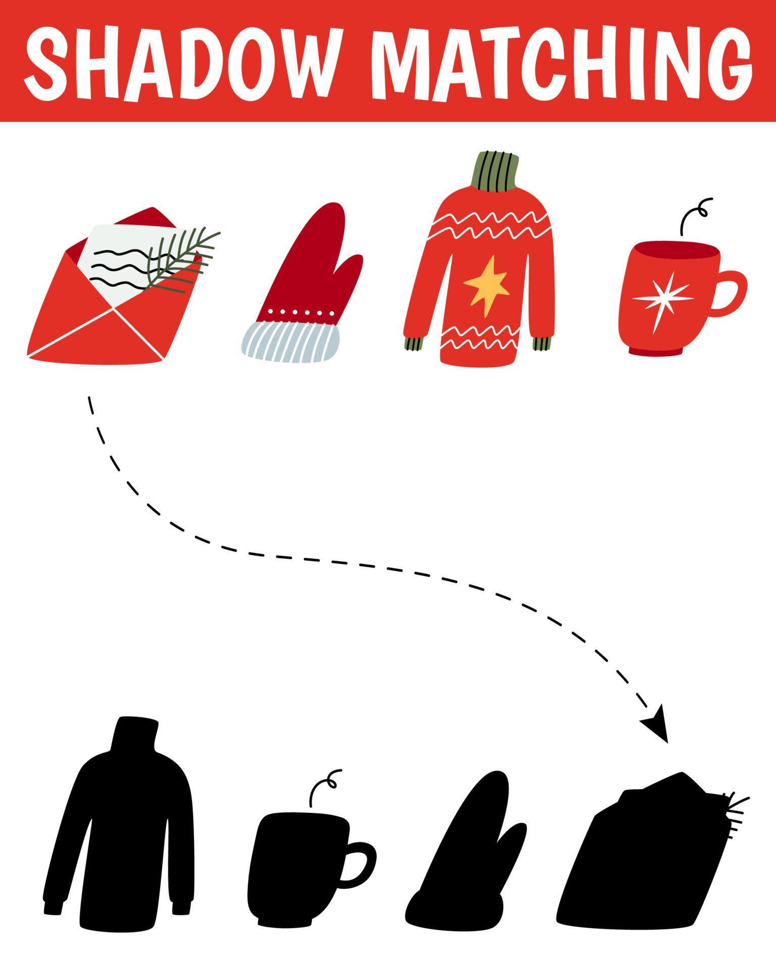 Christmas shadow matching activity for children. Winter puzzle with ...