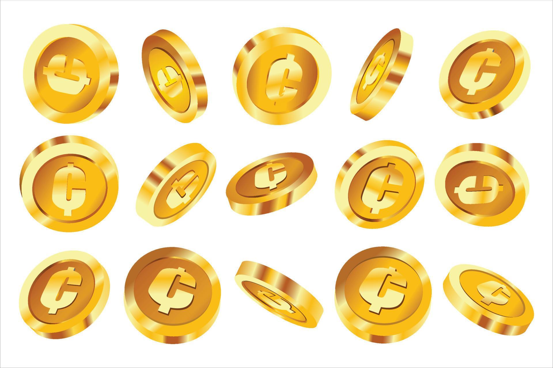 Vector Illustration Of Set Of Ghanaian Cedi Coins Concept In Different Angles And Orientations