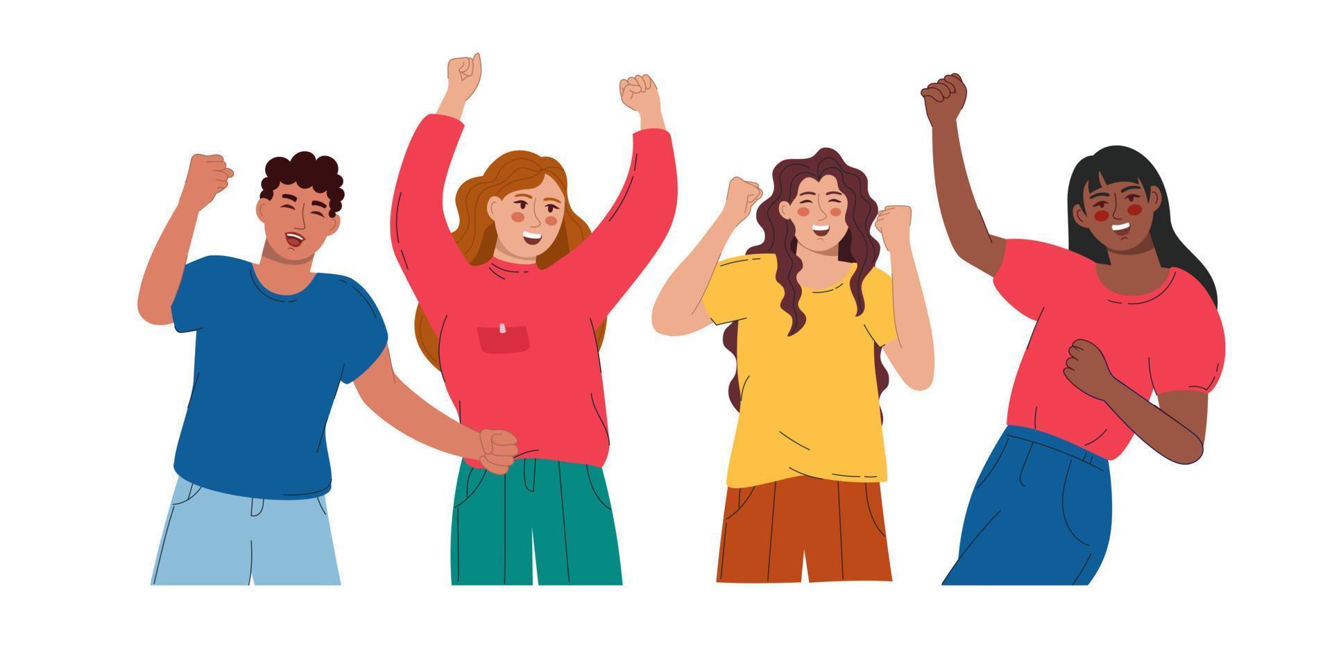 A Group Of Joyful People Of Different They Raise Their Hands And Rejoice Vector Illustration