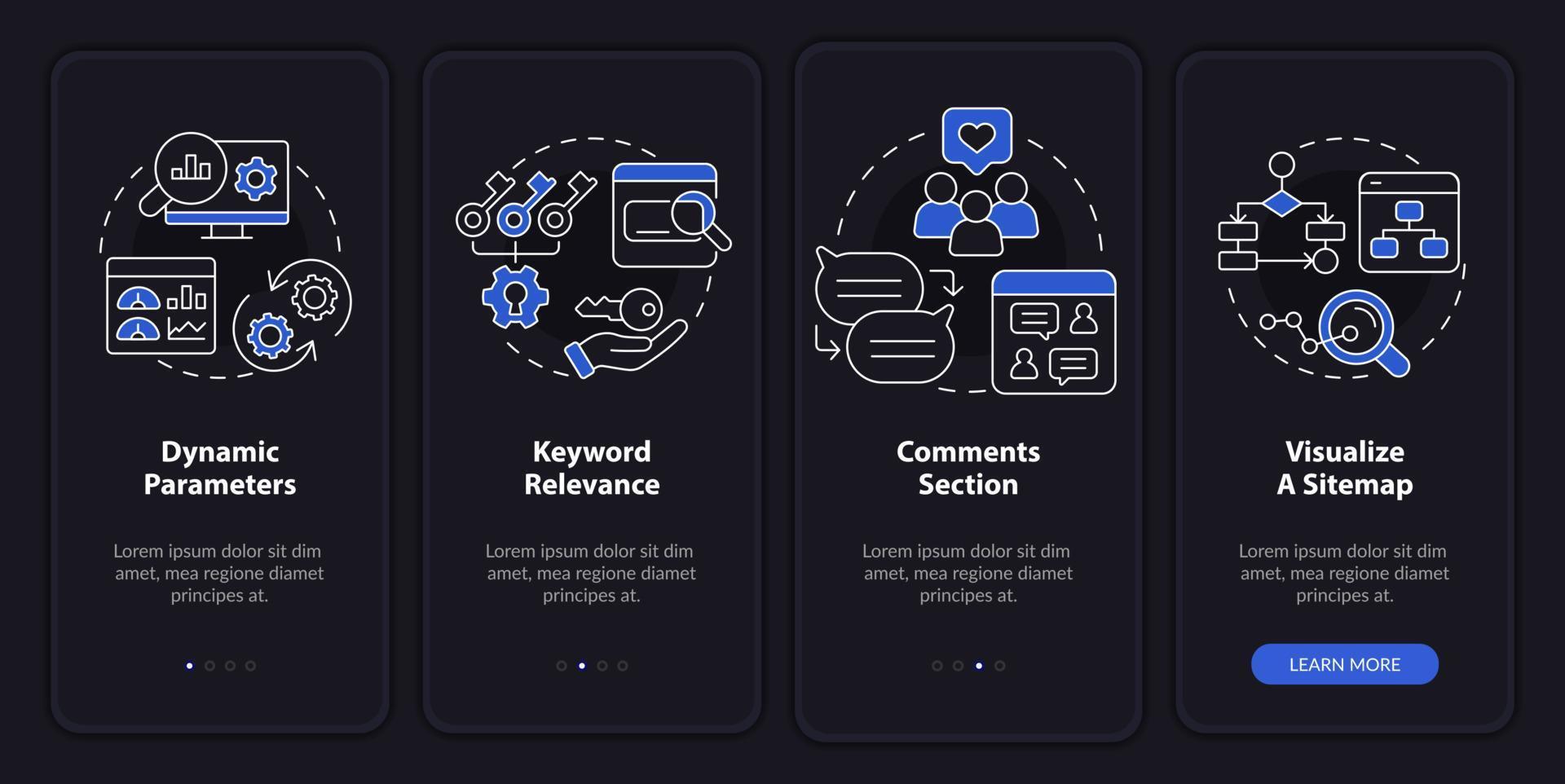 Advanced Seo Night Mode Onboarding Mobile App Screen Walkthrough 4 Steps Editable Graphic