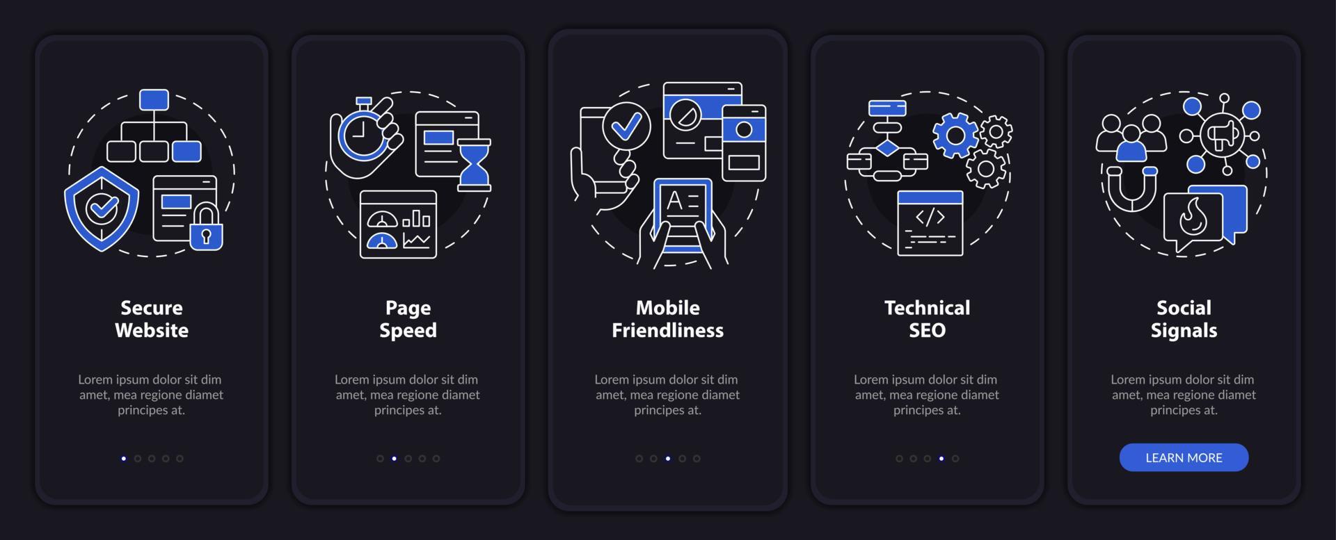 Seo Ranking Factors Night Mode Onboarding Mobile App Screen Walkthrough 5 Steps Editable