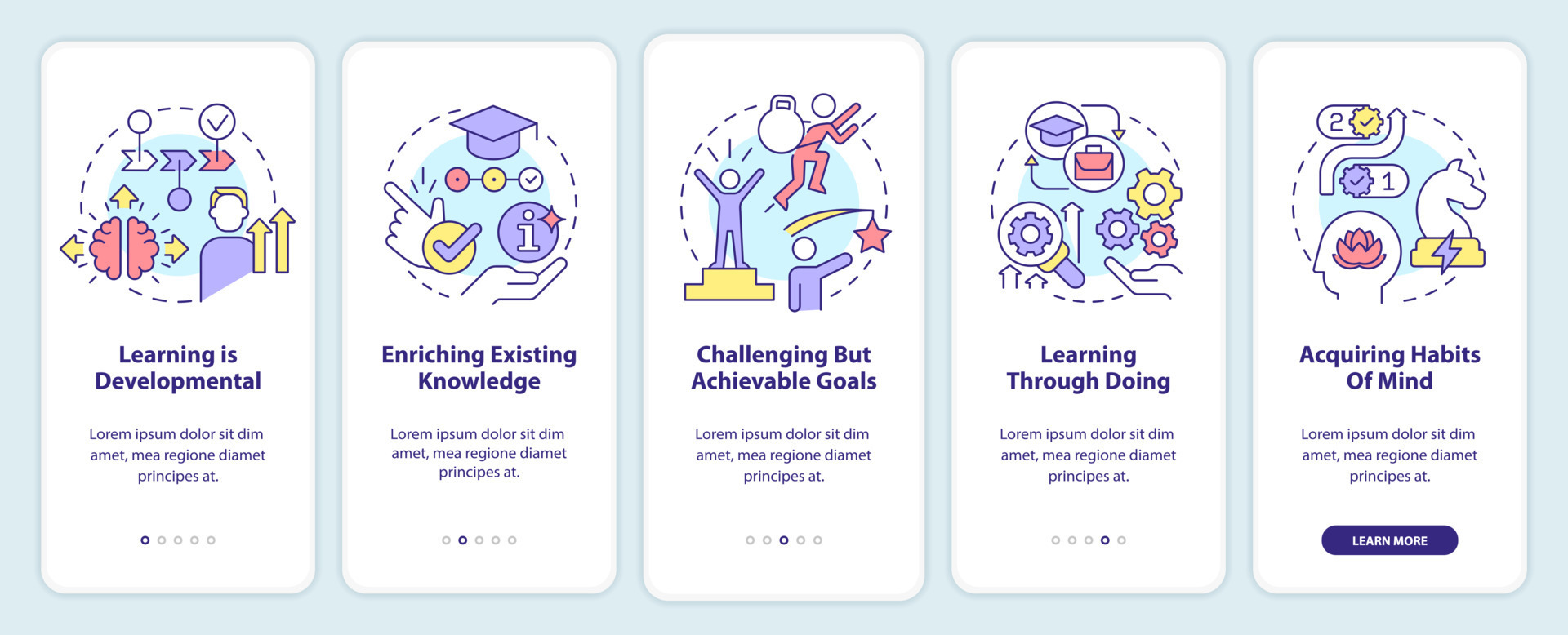 Learning Basic Concepts Onboarding Mobile App Screen Walkthrough 5 Steps Editable Graphic