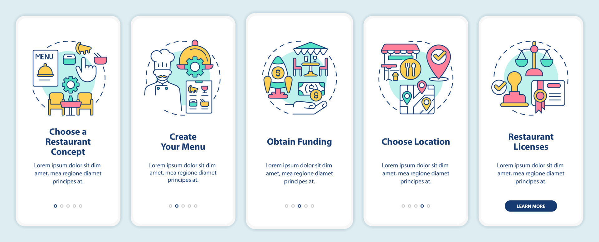 Opening Restaurant Steps Onboarding Mobile App Screen Create Menu Walkthrough 5 Steps Editable