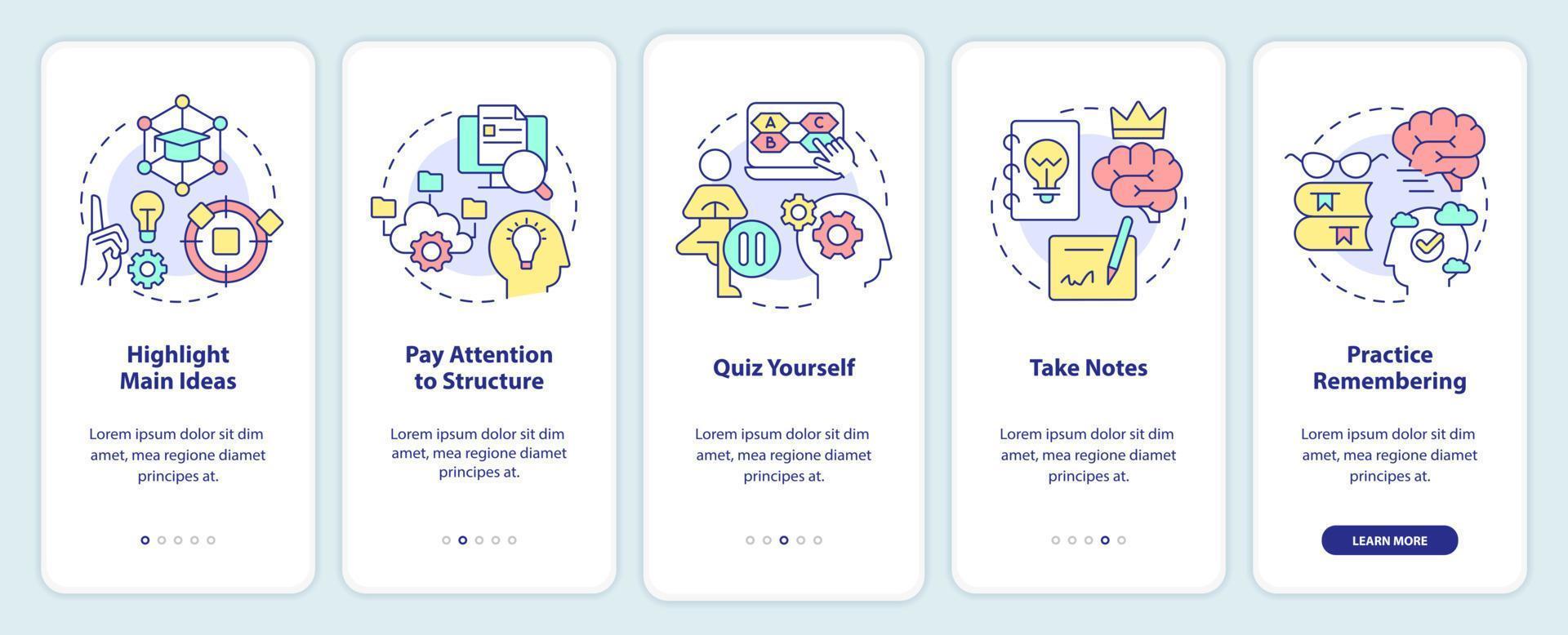 Learning And Memorizing Techniques Onboarding Mobile App Screen Walkthrough 5 Steps Editable