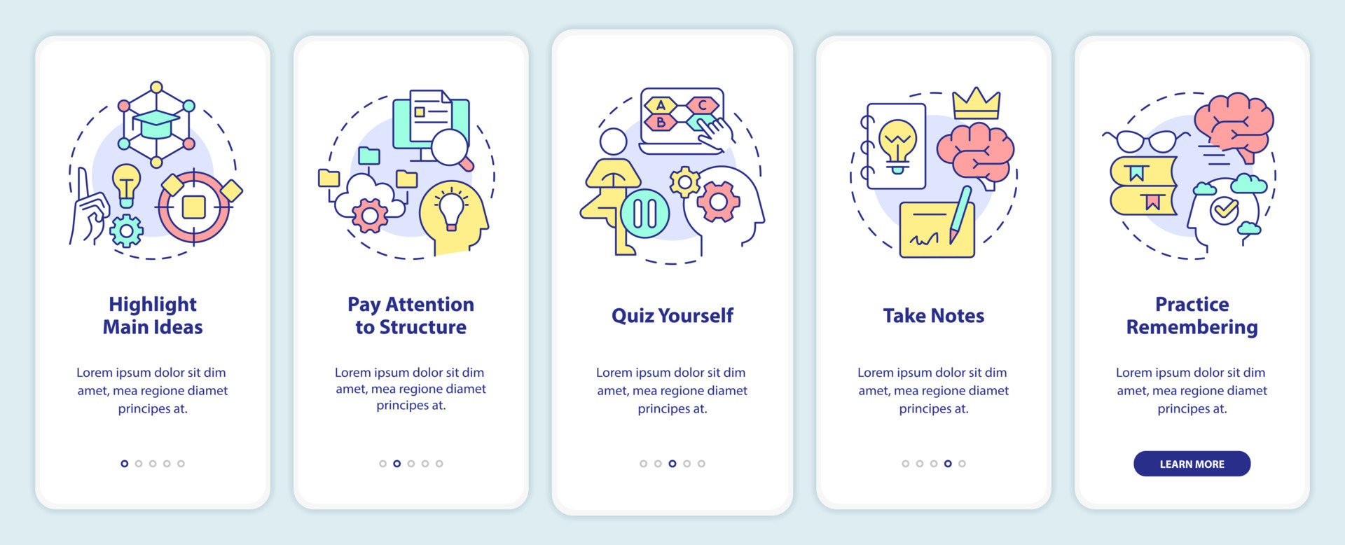 Learning And Memorizing Techniques Onboarding Mobile App Screen Walkthrough 5 Steps Editable
