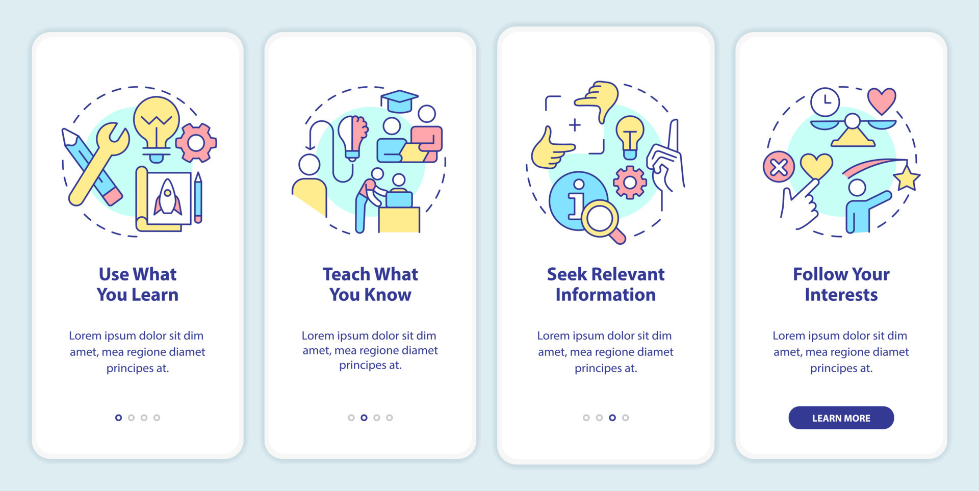 Practical Learning Techniques Onboarding Mobile App Screen Walkthrough 4 Steps Editable Graphic