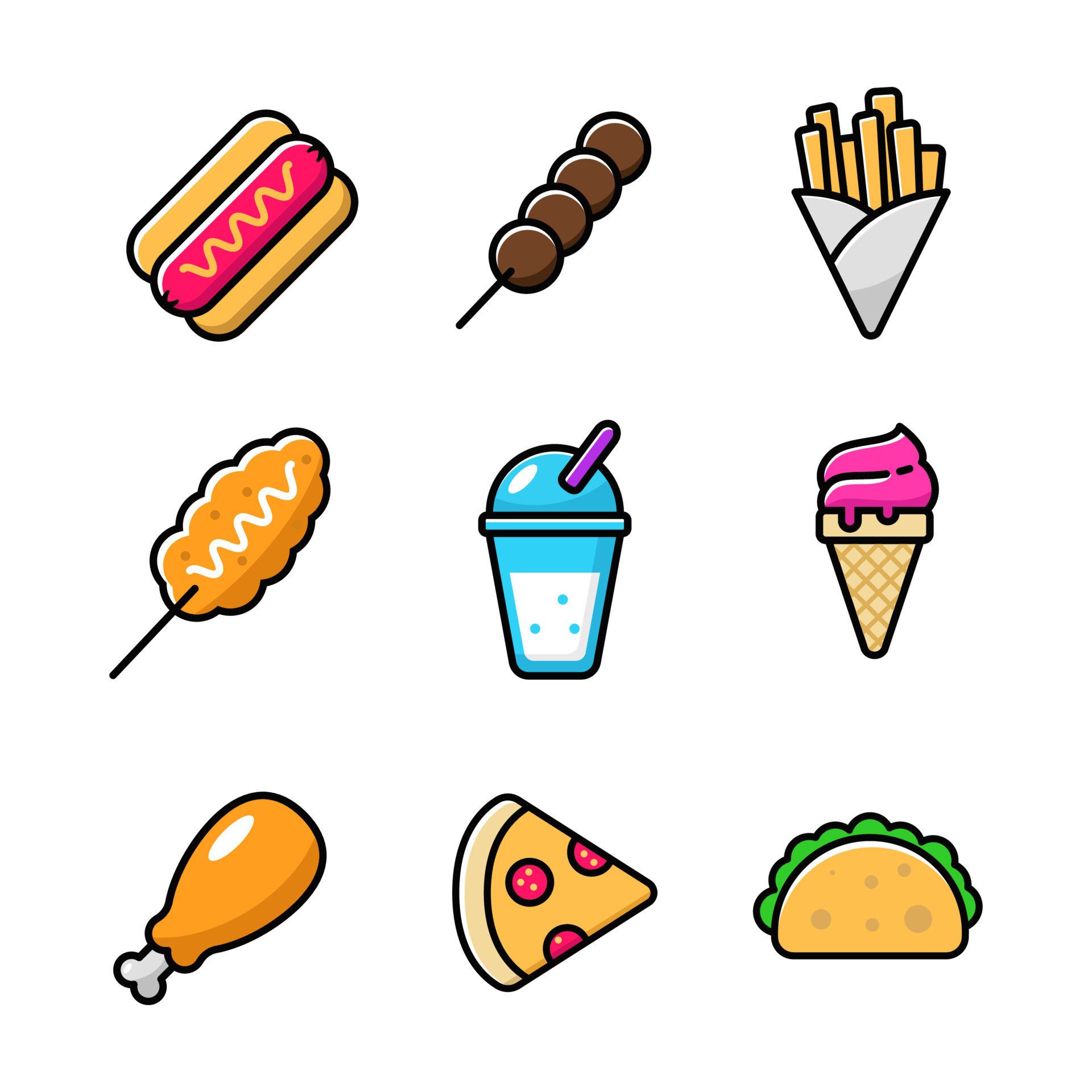 Set Of Street Foods Icons With Colorful Design Isolated On White Background Simple Fast Foods