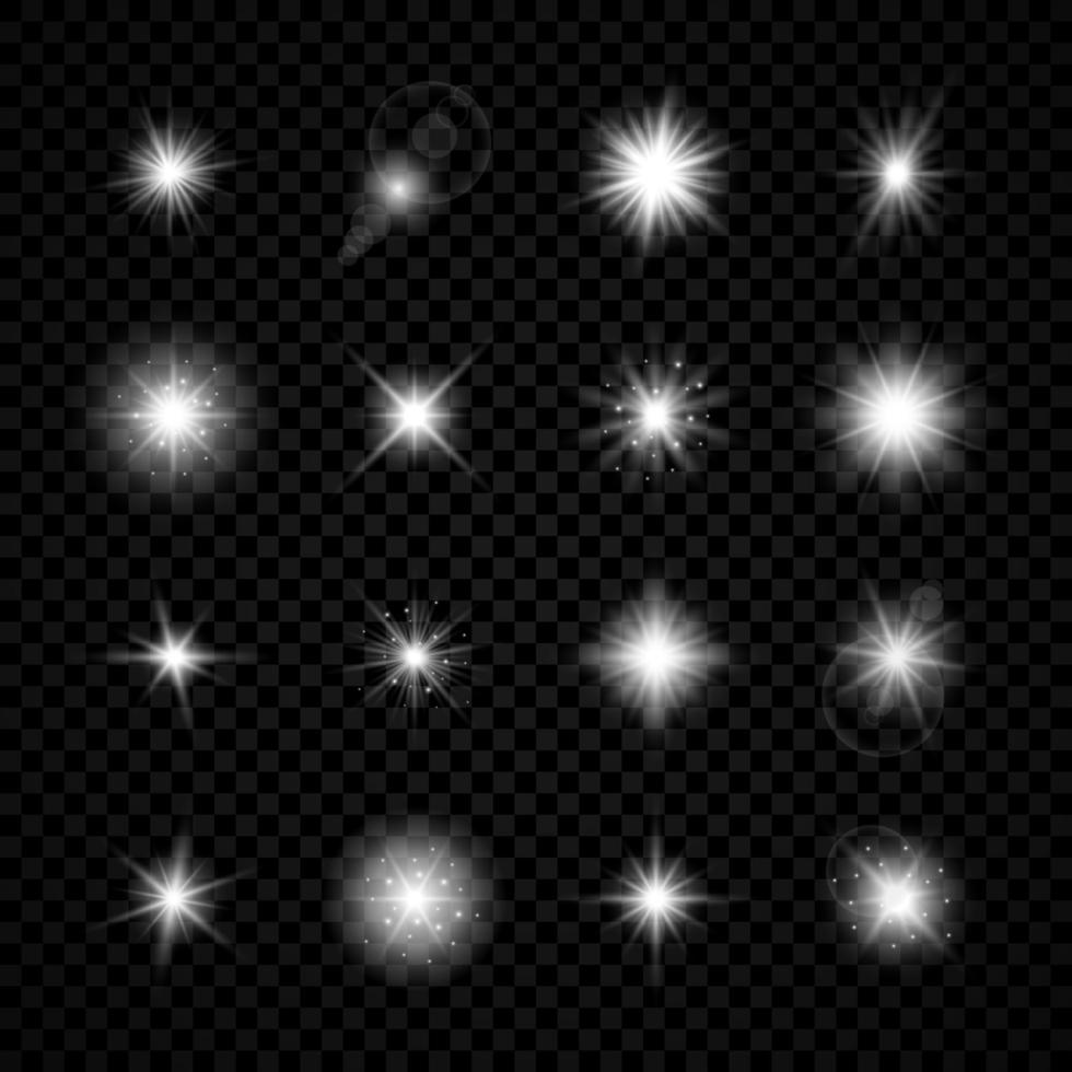 Light effect of lens flares. Set of sixteen white glowing lights starburst effects with sparkles ...
