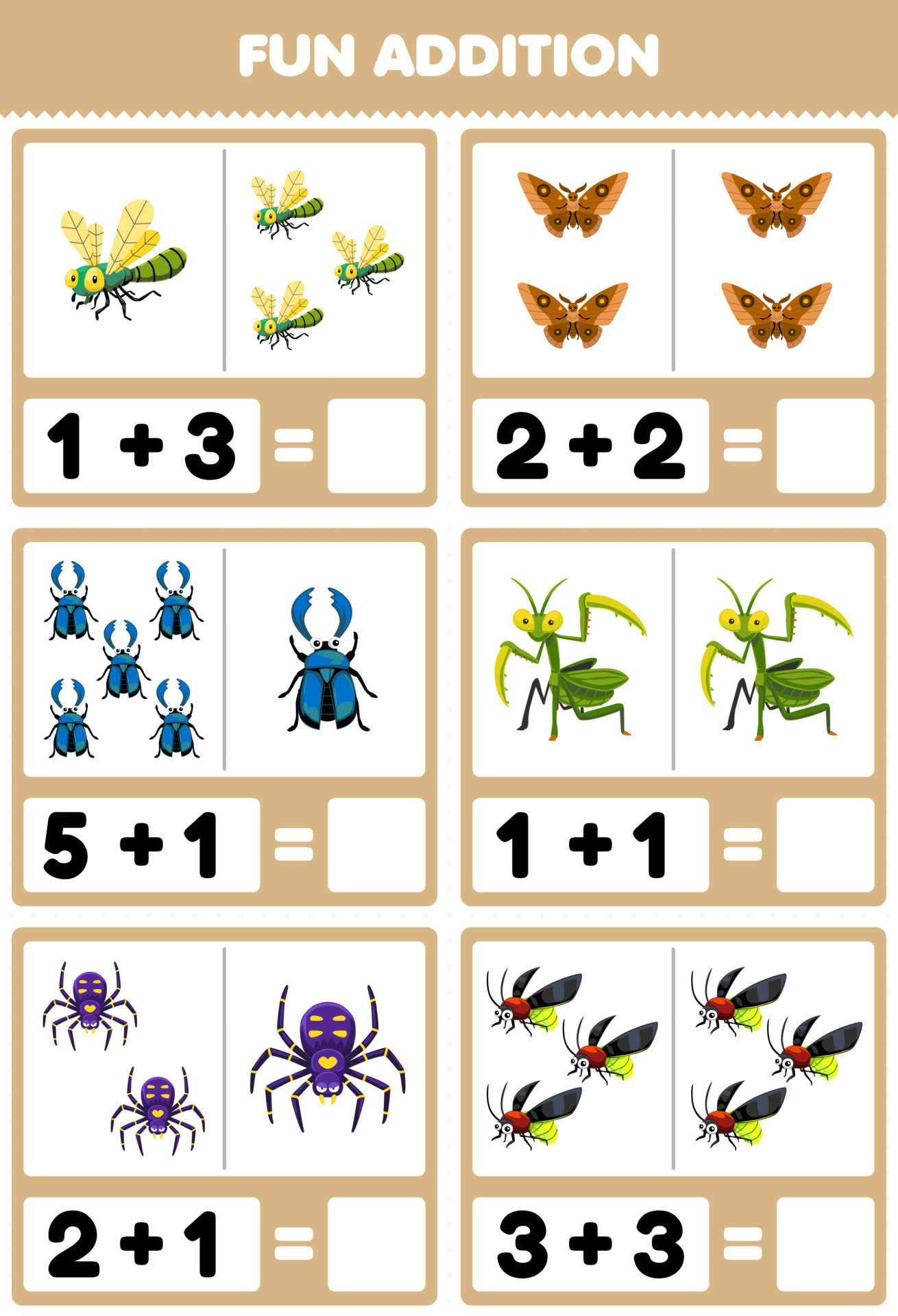 Education game for children fun addition by counting and sum of cute cartoon dragonfly butterfly ...