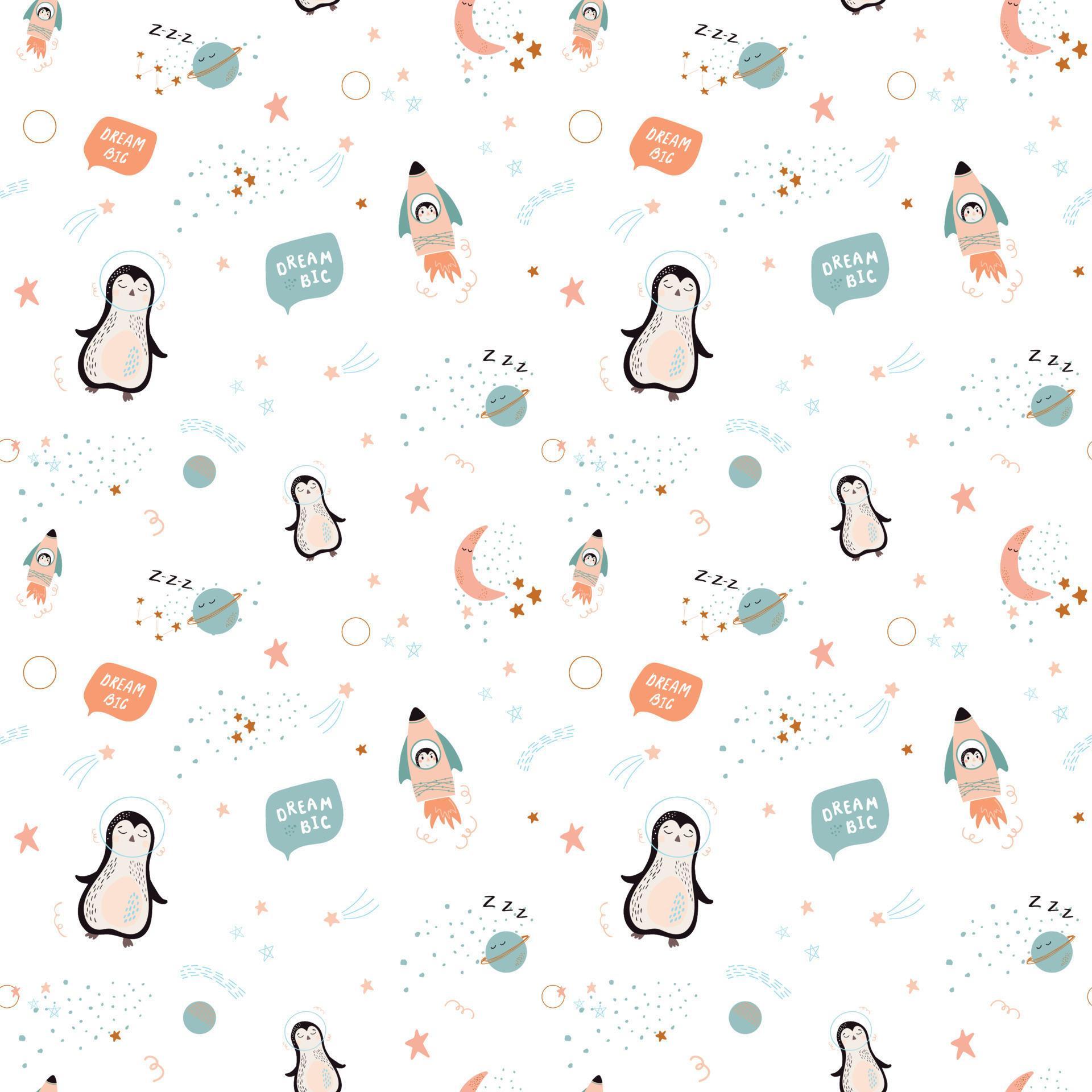 Colorful baby space vector seamless pattern with penguins, stars ...