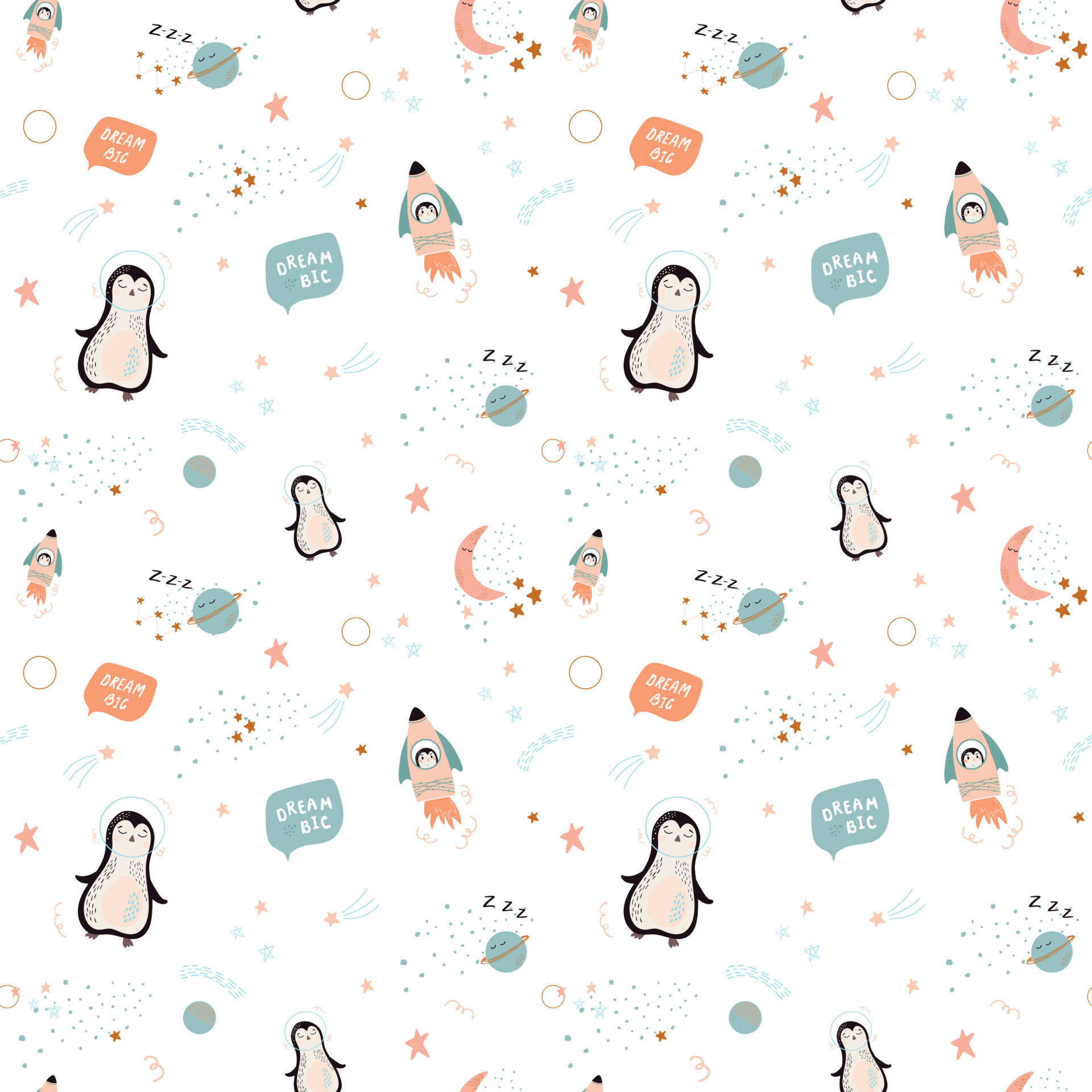 Colorful baby space vector seamless pattern with penguins, stars ...